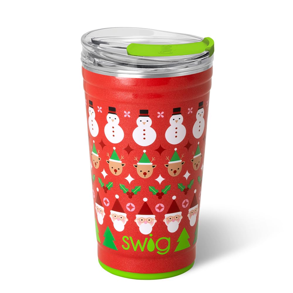 Swig Life 24oz Party Cup, Stackable Insulated Travel Coffee Tumbler with EZ Slider Lid, Cup Holder Friendly Travel Thermos, Stainless Steel 24 oz Tumbler, Reusable Coffee Mug (Christmas Crew)