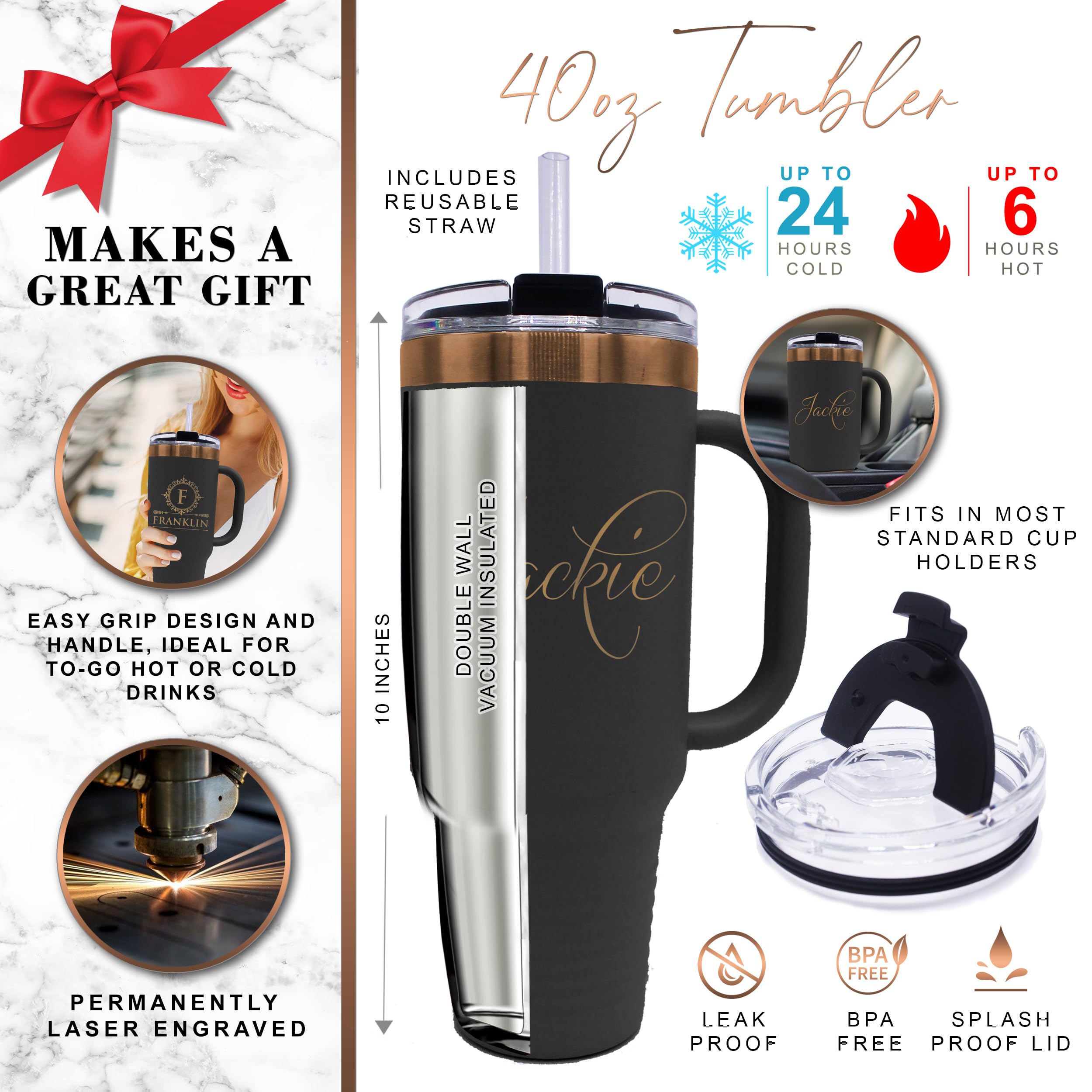 Custom Monogrammed 40 oz Tumbler with Handle, Lid and Straw - Personalized Insulated Stainless Steel Large Cup (Black with Gold)