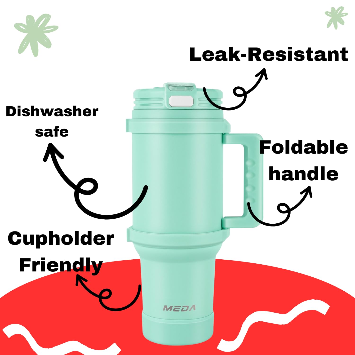MEDA 40 oz Tumbler with Handle Foldable |Insulated, Reusable Travel Coffee Mug Stainless Steel | Perfect for Travel, Water, Iced Tea, Coffee (Green)