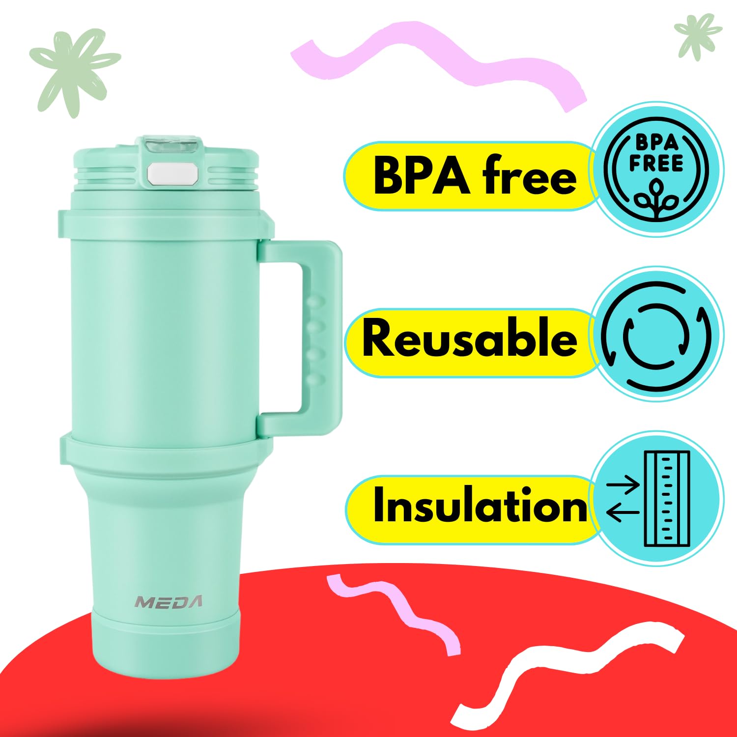 MEDA 40 oz Tumbler with Handle Foldable |Insulated, Reusable Travel Coffee Mug Stainless Steel | Perfect for Travel, Water, Iced Tea, Coffee (Green)