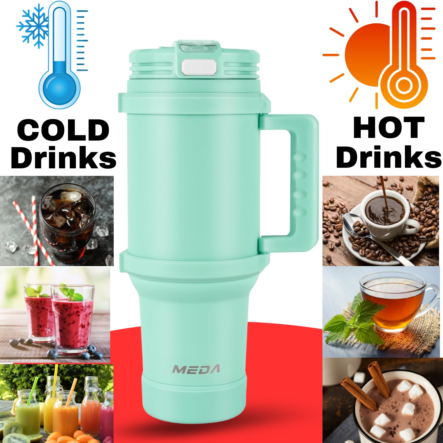 MEDA 40 oz Tumbler with Handle Foldable |Insulated, Reusable Travel Coffee Mug Stainless Steel | Perfect for Travel, Water, Iced Tea, Coffee (Green)