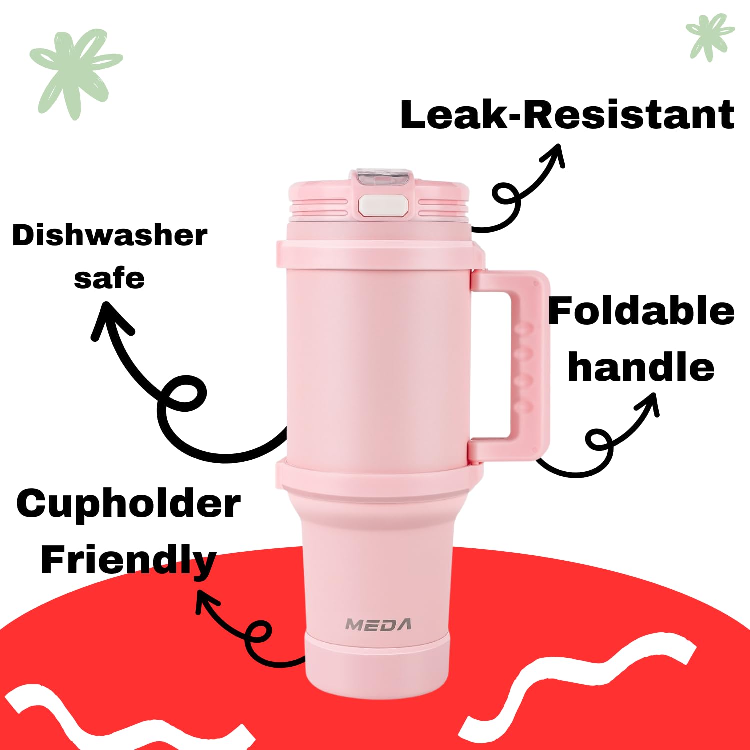 MEDA 40 oz Tumbler with Foldable Handle – Insulated, Reusable Stainless Steel Travel Coffee Mug – Perfect for Travel, Water, Iced Tea, Coffee – Ideal Easter Gift (Peach)