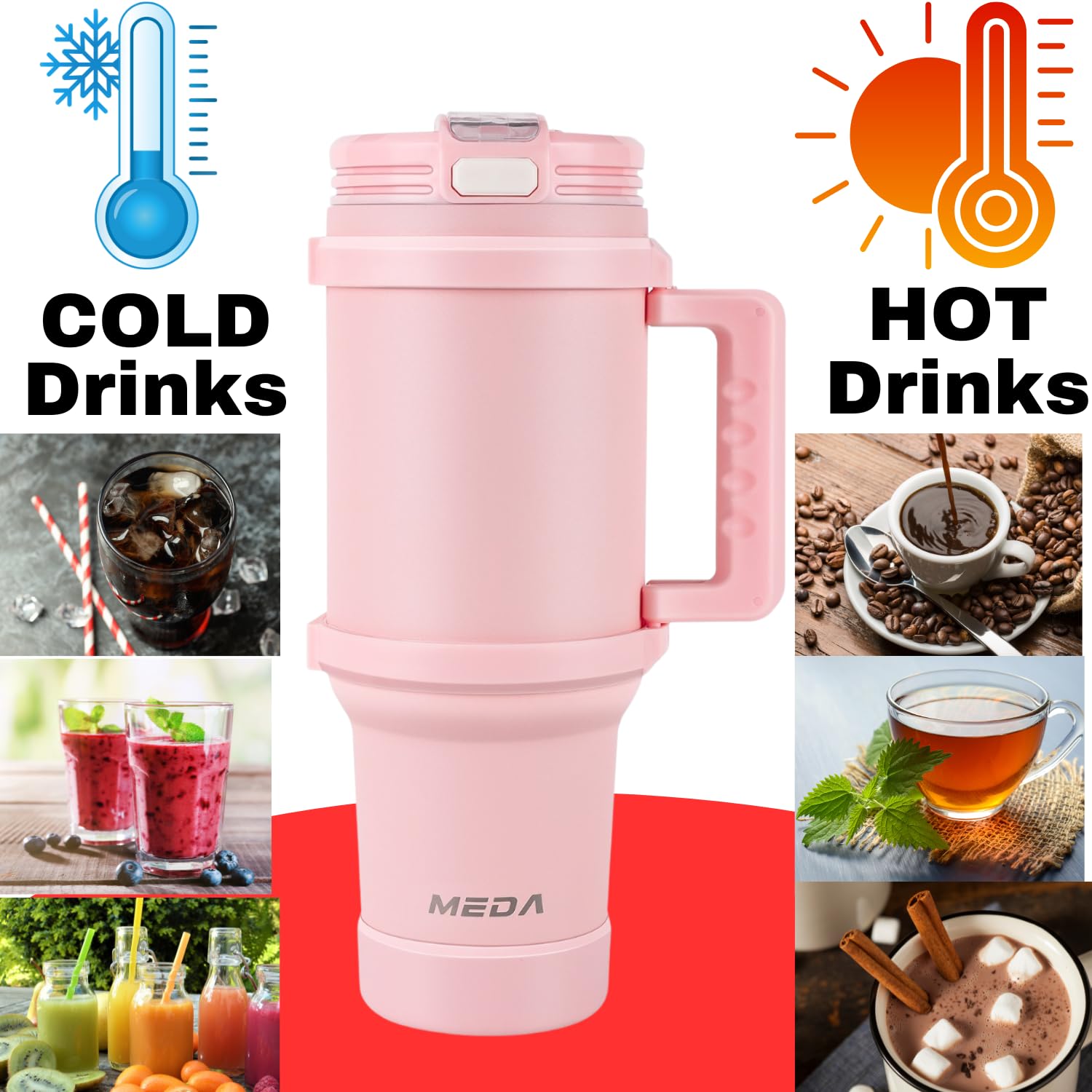 MEDA 40 oz Tumbler with Foldable Handle – Insulated, Reusable Stainless Steel Travel Coffee Mug – Perfect for Travel, Water, Iced Tea, Coffee – Ideal Easter Gift (Peach)