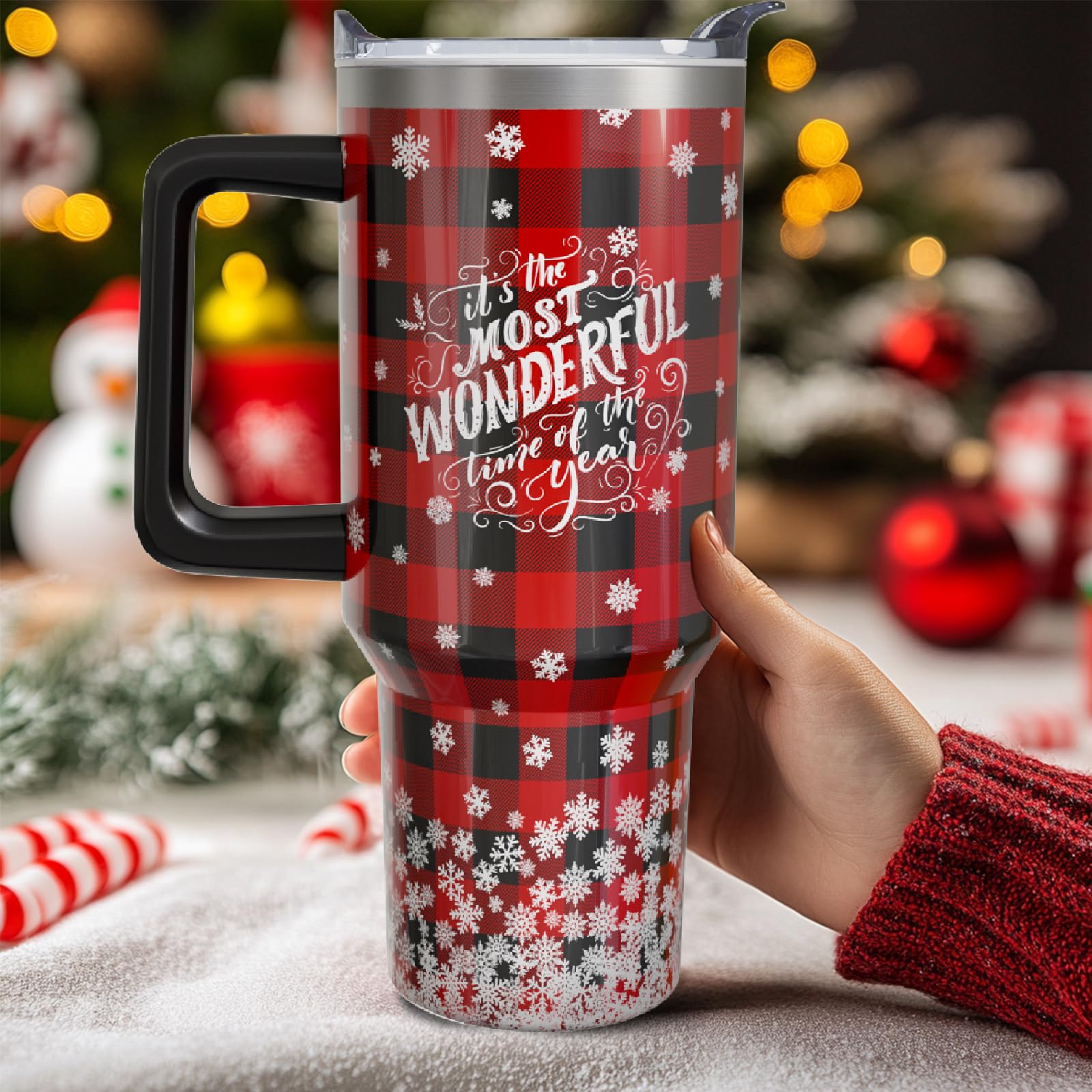 owbgsdh 40 oz Christmas Tumblers with Handle and Straw, Buffalo Snowflakes 40oz Stainless Steel Vacuum Insulated Travel Coffee Mug Cup Water Bottle, Christmas Decor Stuff Accessories Gifts for Women