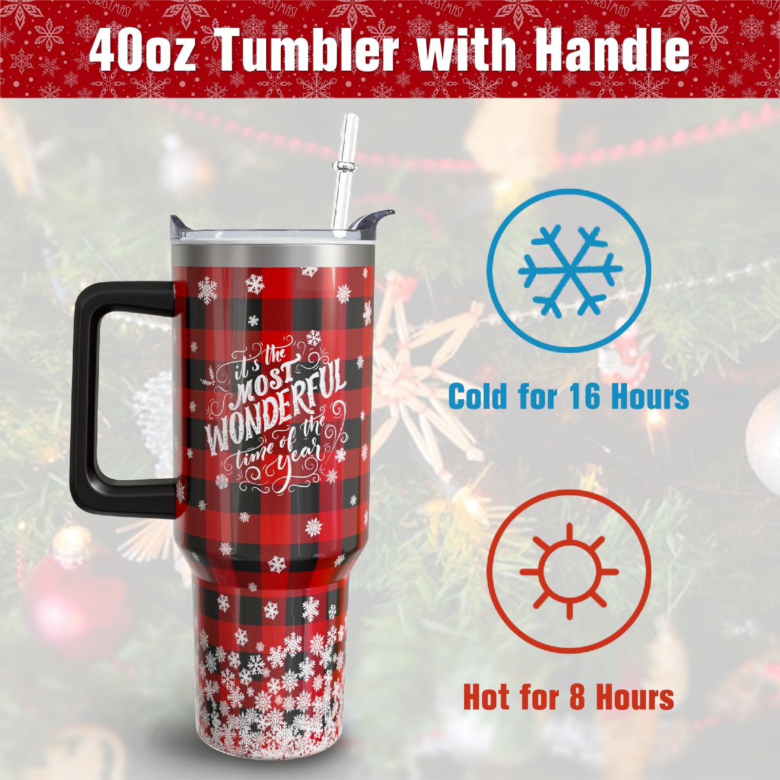 owbgsdh 40 oz Christmas Tumblers with Handle and Straw, Buffalo Snowflakes 40oz Stainless Steel Vacuum Insulated Travel Coffee Mug Cup Water Bottle, Christmas Decor Stuff Accessories Gifts for Women