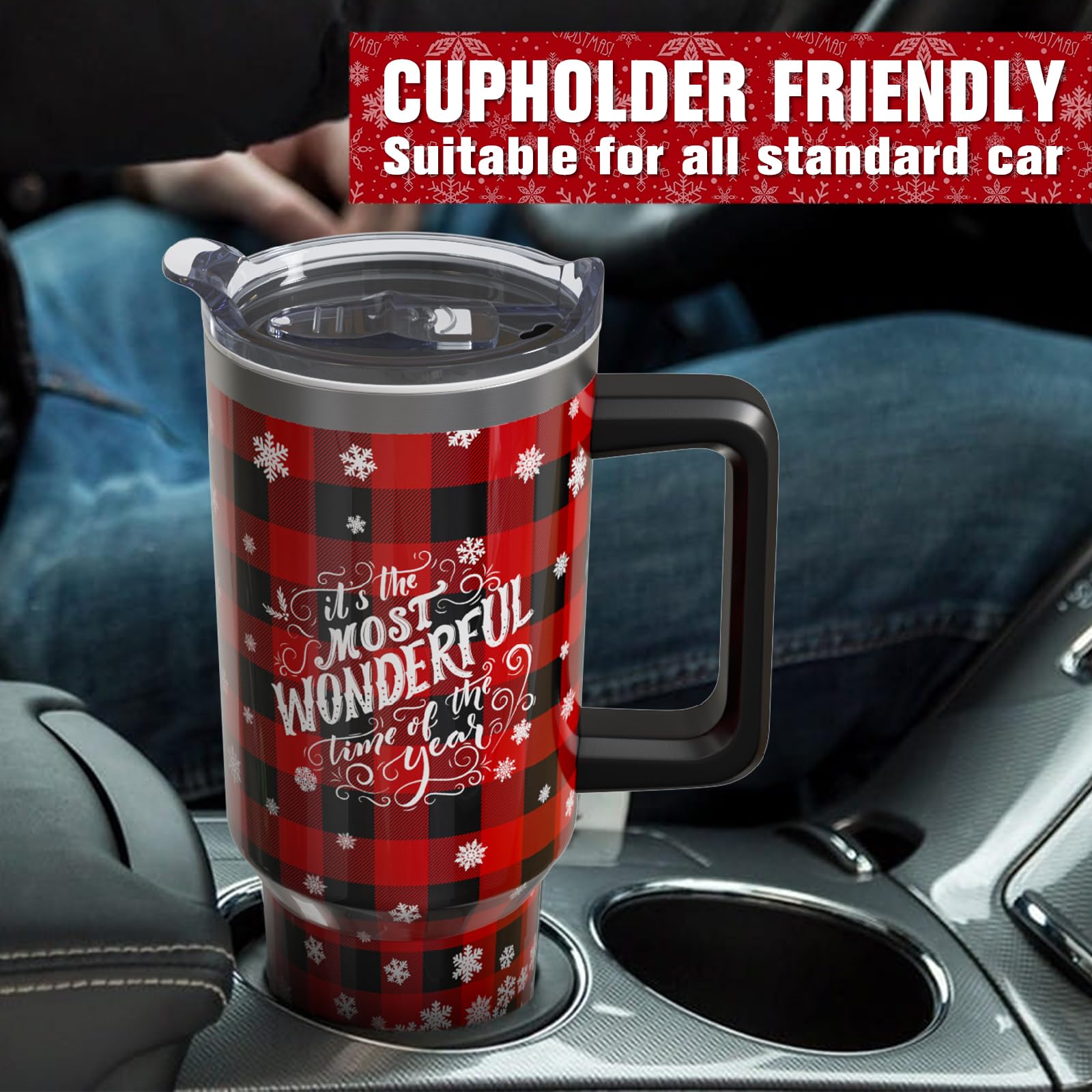 owbgsdh 40 oz Christmas Tumblers with Handle and Straw, Buffalo Snowflakes 40oz Stainless Steel Vacuum Insulated Travel Coffee Mug Cup Water Bottle, Christmas Decor Stuff Accessories Gifts for Women