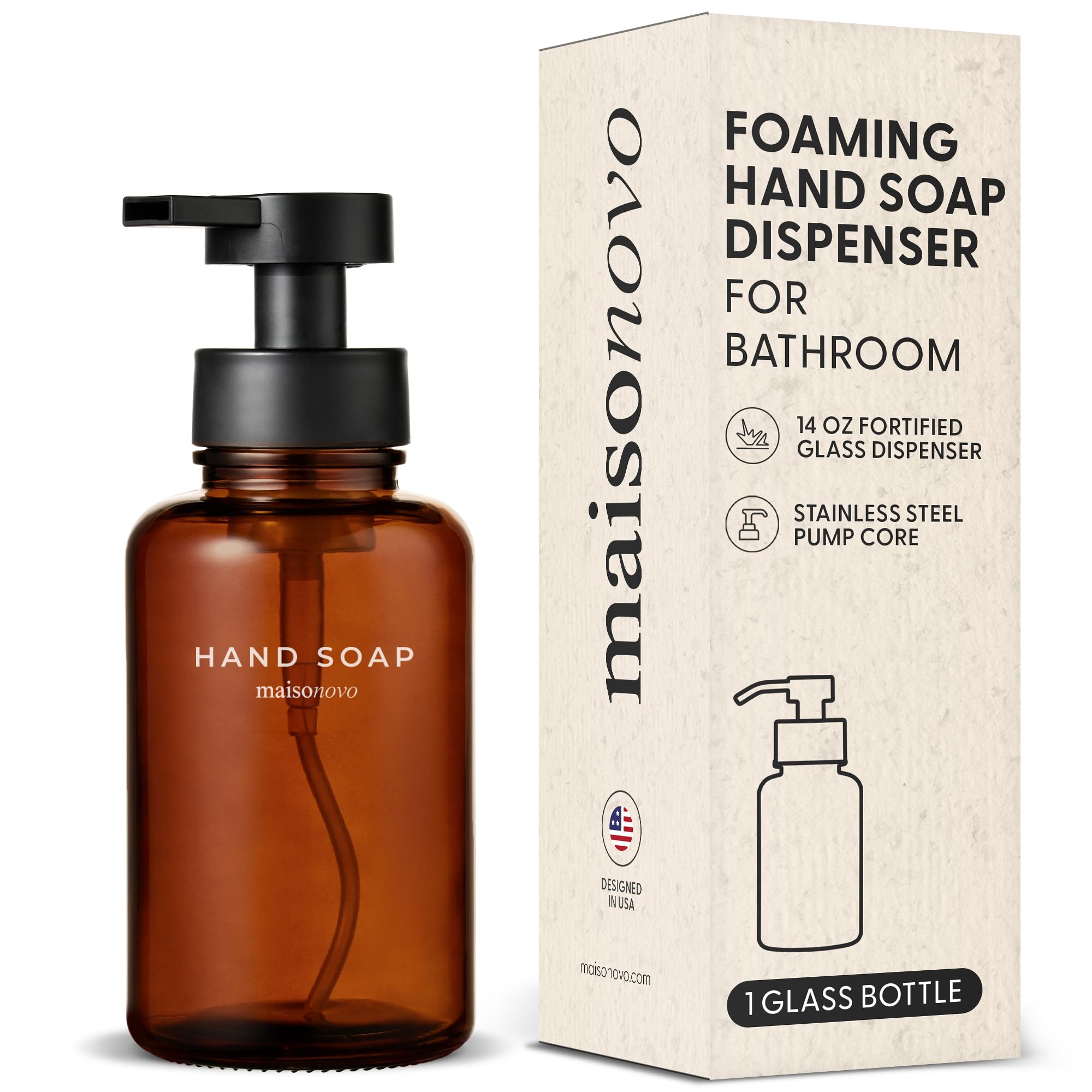 MaisoNovo Glass Foaming Hand Soap Dispenser 14 Oz | Amber Foaming Soap Dispenser Black Plastic Pump x 1 w/Labels
