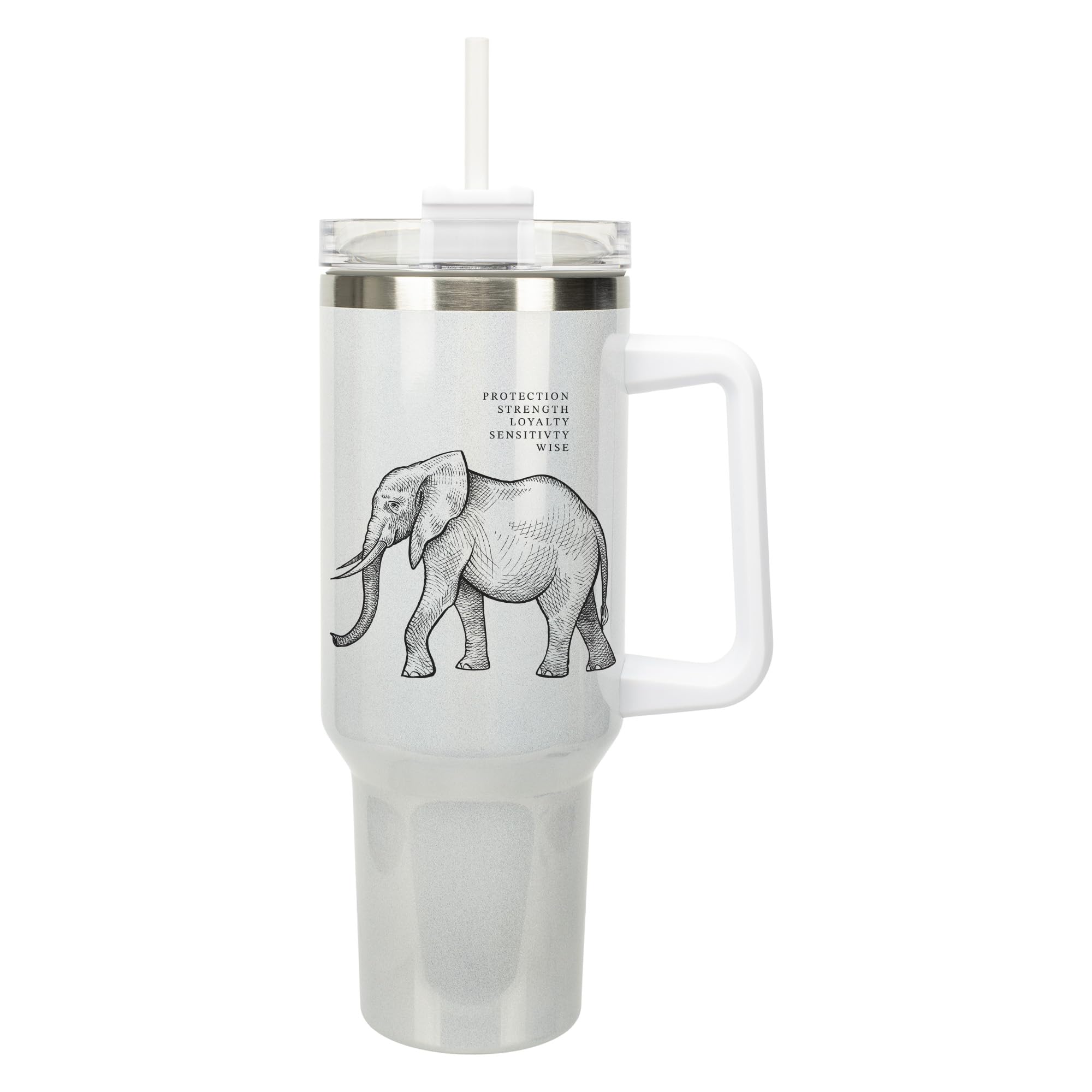 Elanze Designs Elephant Strength Loyalty Animal Traits 40 oz. Stainless Steel, Large Water Bottle Coffee Mug, Spill & Leak Resistant, Thermal Travel Tumbler with Handle, Lid & Straw, White