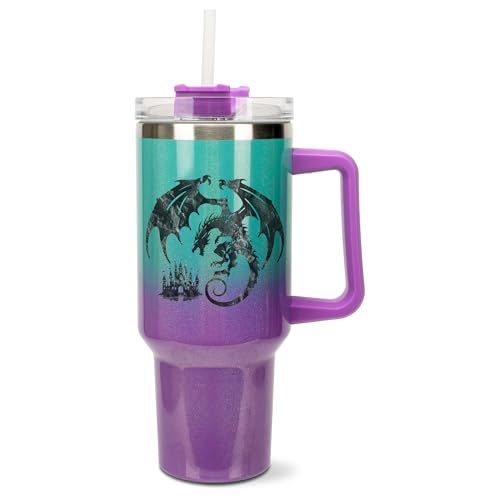 Elanze Designs Majestic Flying Dragon 40 oz. Stainless Steel, Large Water Bottle Coffee Mug, Spill & Leak Resistant, Thermal Travel Tumbler with Handle, Lid & Straw, Teal & Purple