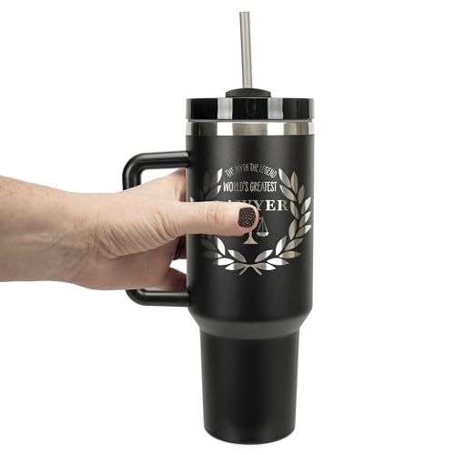 100 North | 40 oz Stainless Steel Double Wall Insulated Travel Tumbler With Handle, Straw, and Lid, World's Greatest Lawyer Black