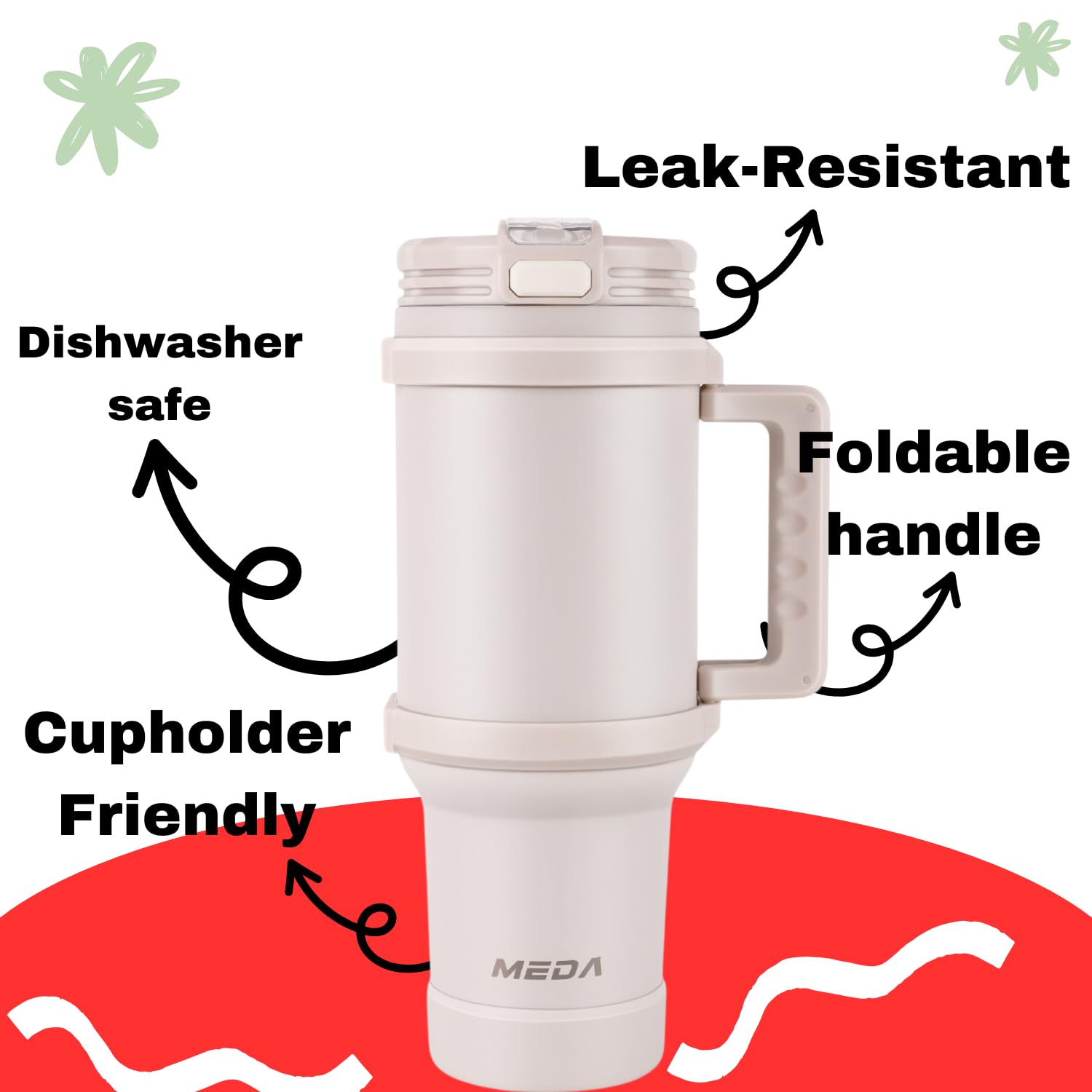 MEDA 40 oz Tumbler with Foldable Handle – Insulated, Reusable Stainless Steel Travel Coffee Mug – Perfect for Travel, Water, Iced Tea, Coffee – Ideal Easter Gift (Cream)