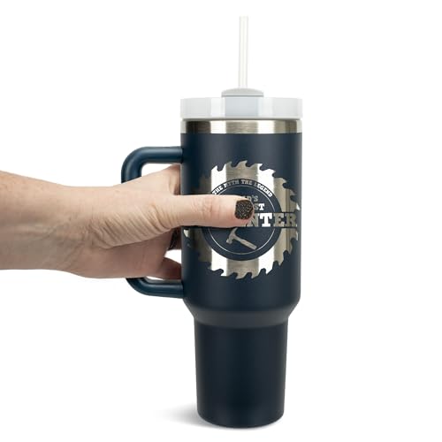 100 North | 40 oz Stainless Steel Double Wall Insulated Travel Tumbler With Handle, Straw, and Lid, World's Greatest Carpenter Navy Blue