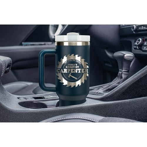 100 North | 40 oz Stainless Steel Double Wall Insulated Travel Tumbler With Handle, Straw, and Lid, World's Greatest Carpenter Navy Blue