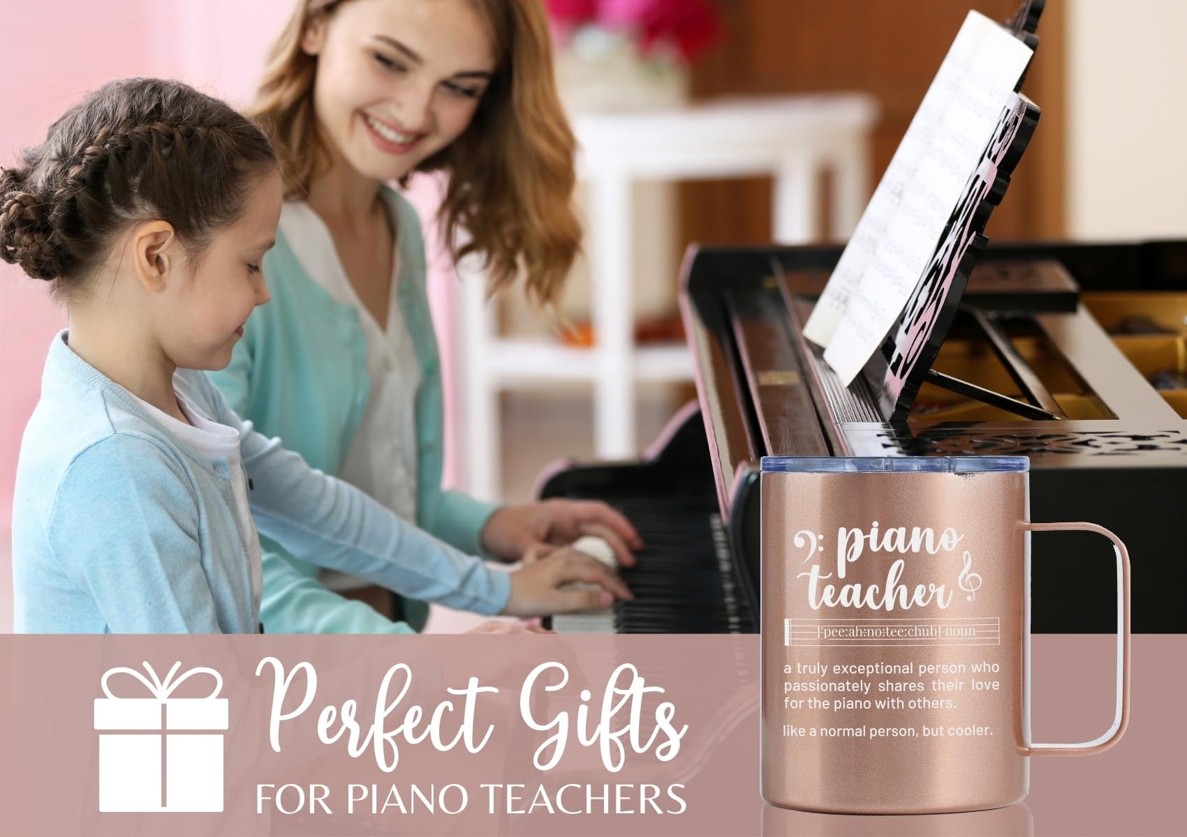 Onebttl Piano Teacher Gift for Women, 12oz/350ml Stainless Steel Insulated Coffee Mug with Lid - Rosegold