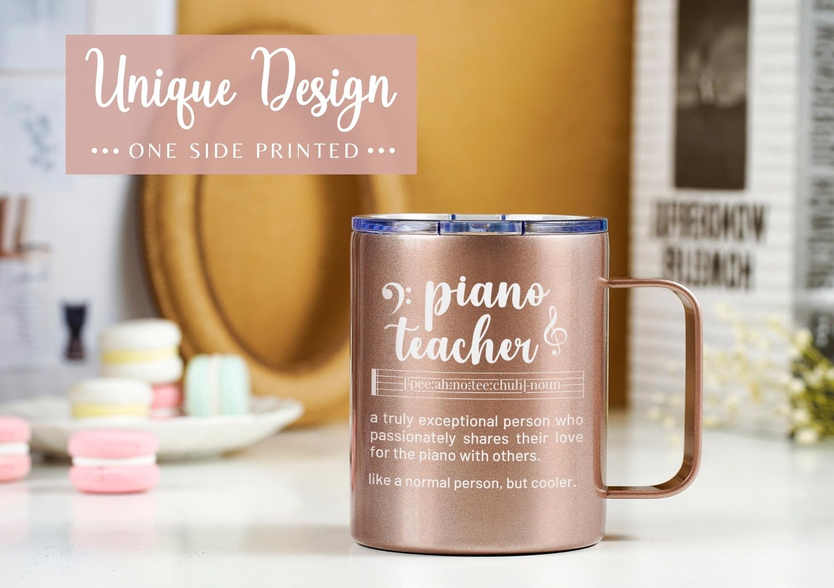Onebttl Piano Teacher Gift for Women, 12oz/350ml Stainless Steel Insulated Coffee Mug with Lid - Rosegold