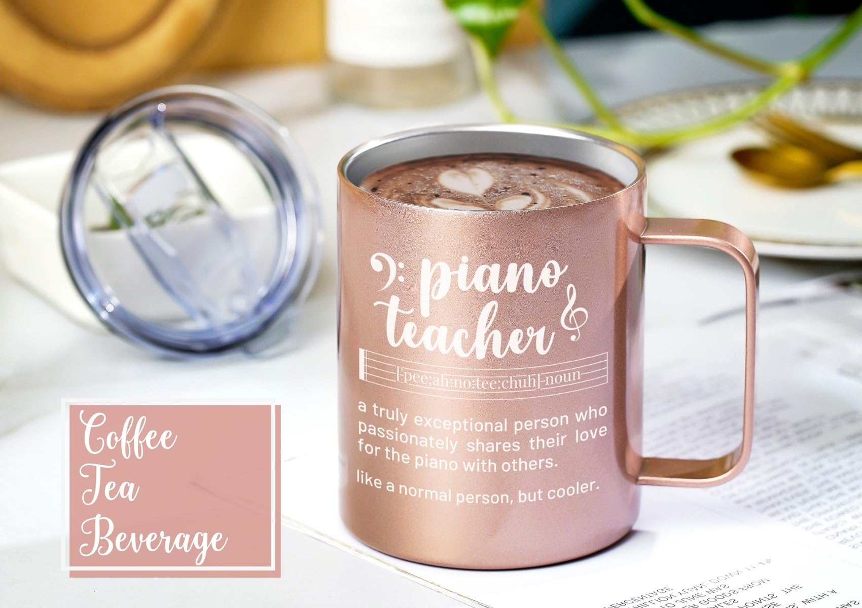Onebttl Piano Teacher Gift for Women, 12oz/350ml Stainless Steel Insulated Coffee Mug with Lid - Rosegold