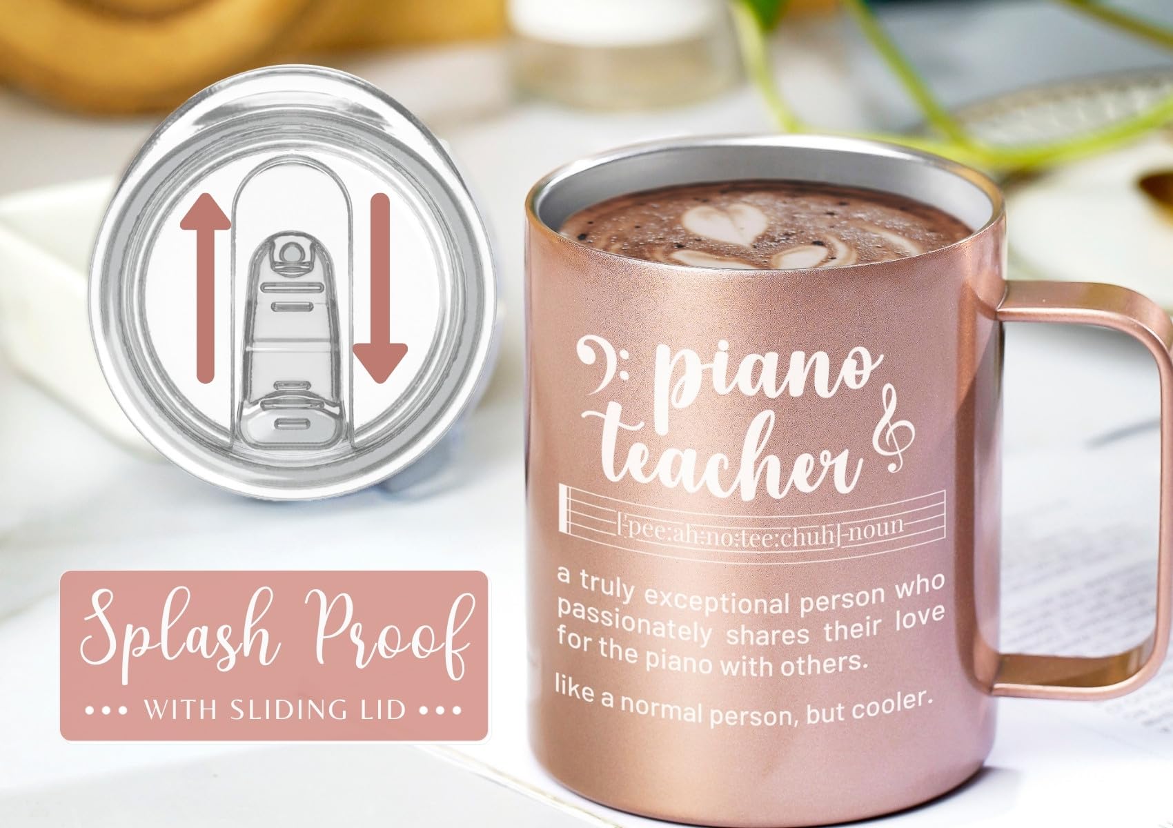 Onebttl Piano Teacher Gift for Women, 12oz/350ml Stainless Steel Insulated Coffee Mug with Lid - Rosegold