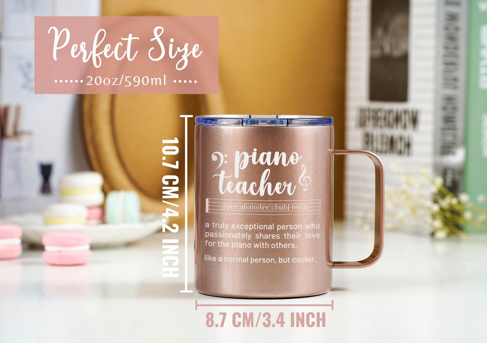 Onebttl Piano Teacher Gift for Women, 12oz/350ml Stainless Steel Insulated Coffee Mug with Lid - Rosegold