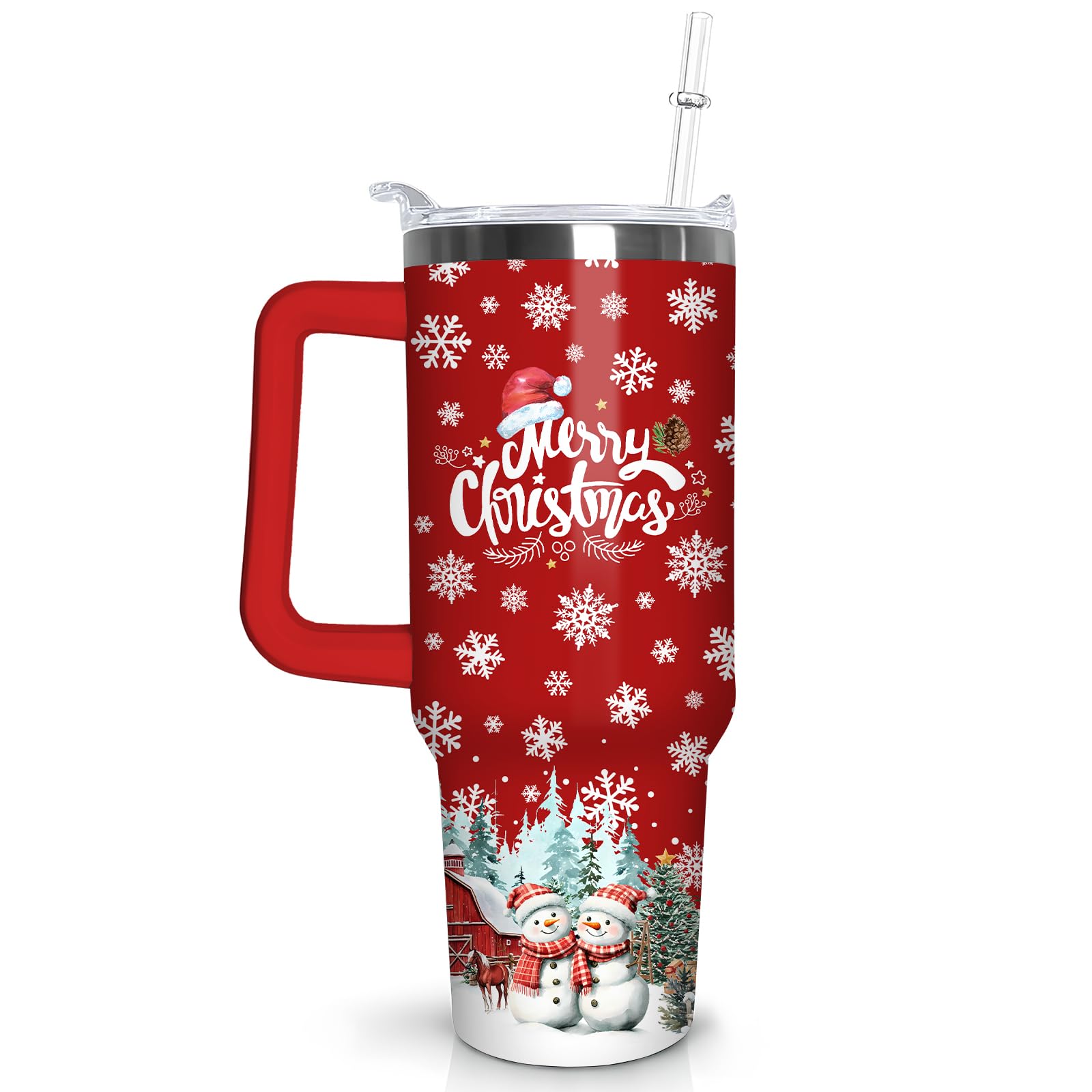 qoepfnsh Christmas Tumbler 40 oz Christmas Tumblers with Handle and Straw Farmhouse Red Snowman Stainless Steel Insulated Coffee Cups Mugs Christmas Gifts Stuff Decor for Women Girls