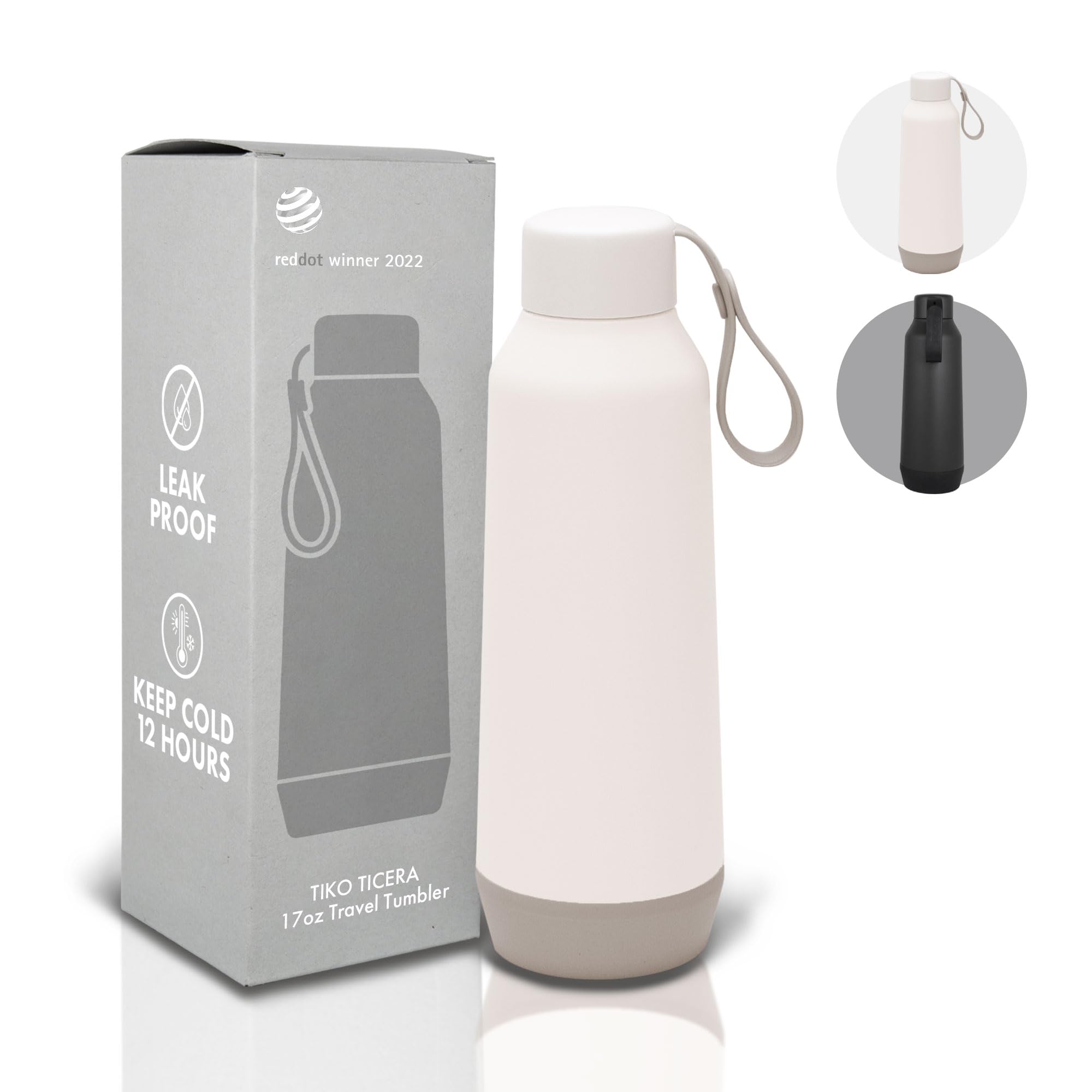 WOKY TIKO 17oz Titanium Ceramic Tumbler - Double-Layer Stainless Steel Insulated Water Bottle, Vacuum Structure Design with Titanium Lid & Silicon Carry Strap - Perfect for Gym& Travel (White)