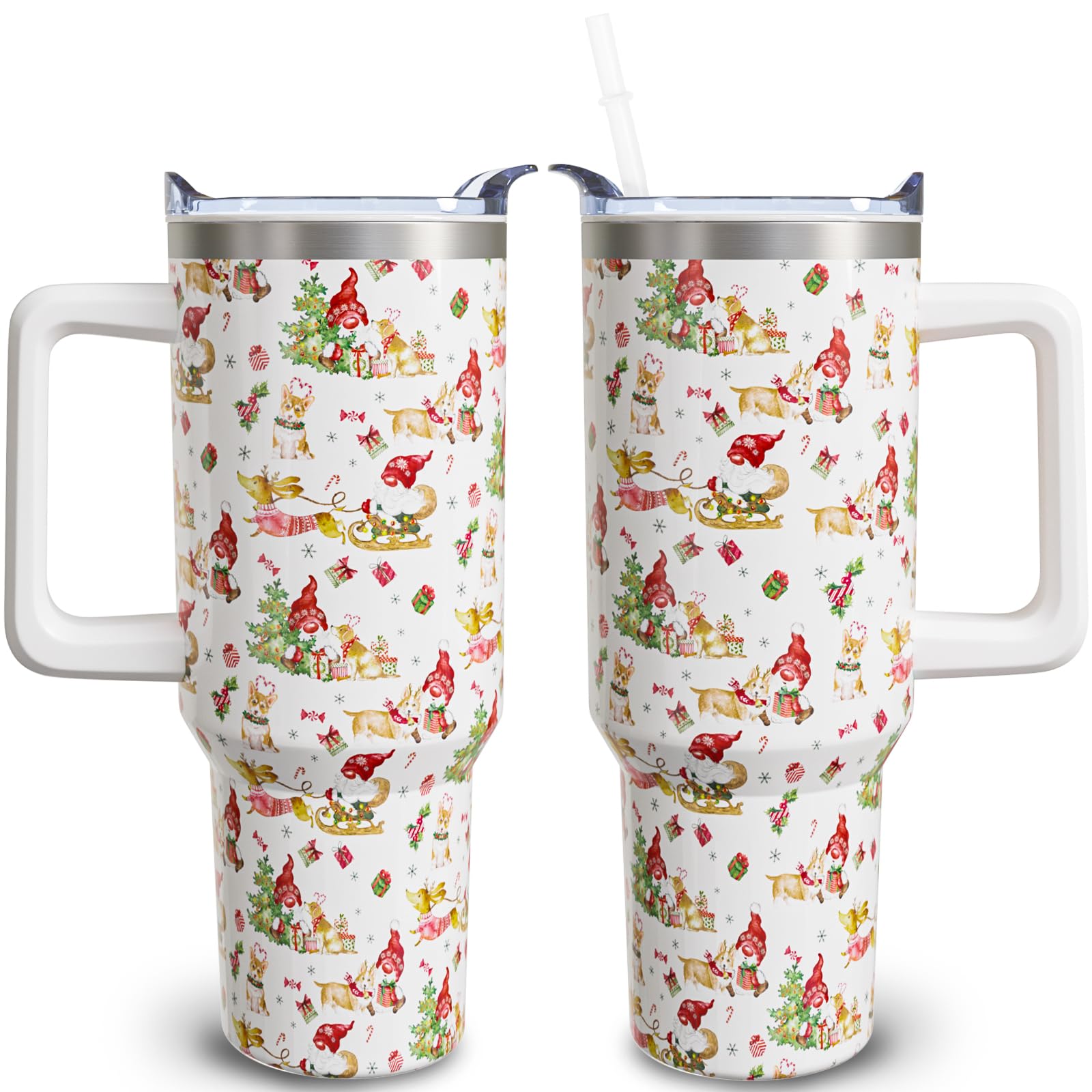 owbgsdh 40 oz Christmas Tumblers with Handle and Straw, Gnome Corgi 40oz Stainless Steel Vacuum Insulated Travel Coffee Mug Cup Water Bottle, Christmas Decor Stuff Accessories Gifts for Women