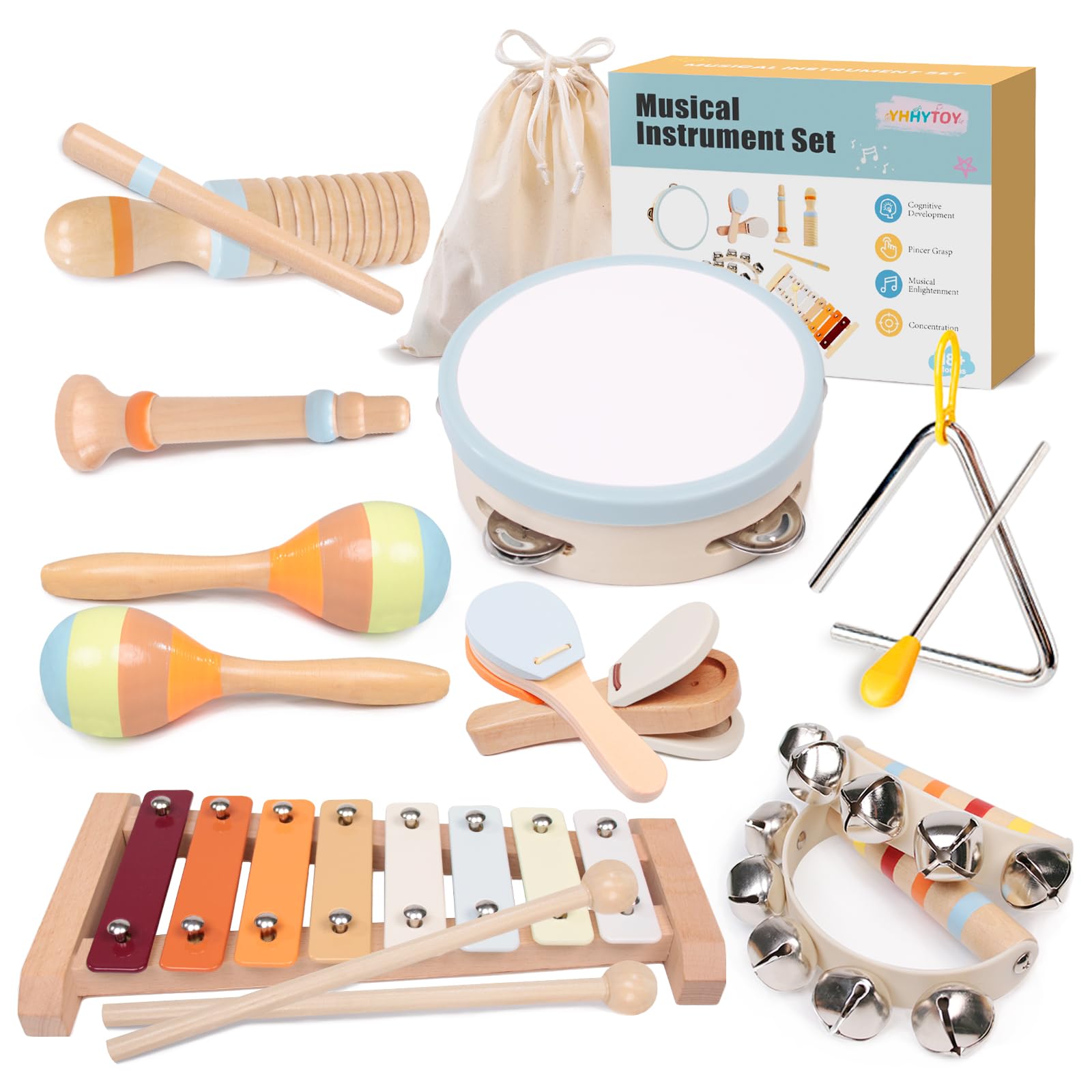 Baby Musical Instruments Set - Montessori Wooden 18 Month Old Baby Musical Toys Toddler Percussion Instruments Xylophone Maracas Tambourine for Kids, 2 3 4 Year Old Girls Boys Easter Birthday Gifts