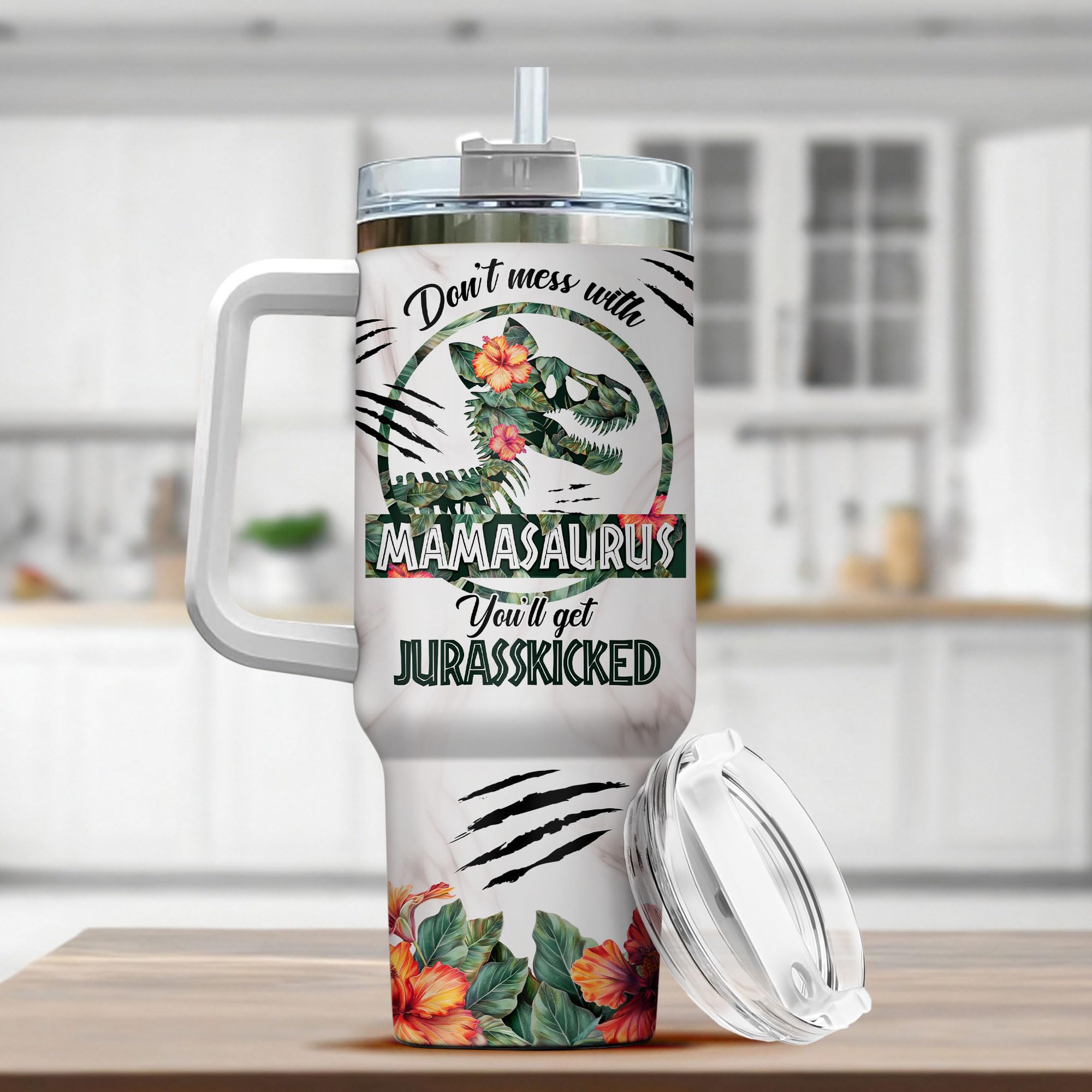 9SUNFLOWER Mamasaurus Stainless Steel Dinosaur Insulated Cup With Floral Straw Lid, Handle, 40 Oz Tumbler, Mommy Dinosaur Gift