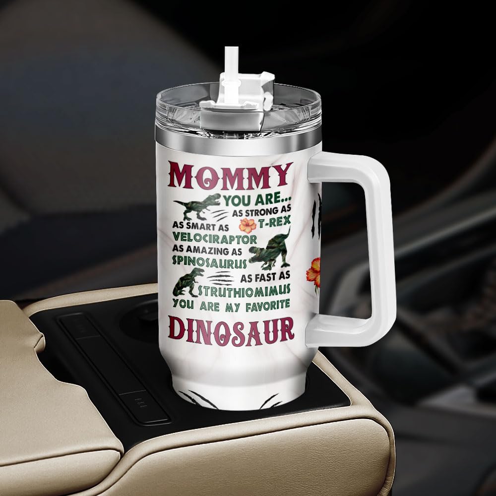 9SUNFLOWER Mamasaurus Stainless Steel Dinosaur Insulated Cup With Floral Straw Lid, Handle, 40 Oz Tumbler, Mommy Dinosaur Gift
