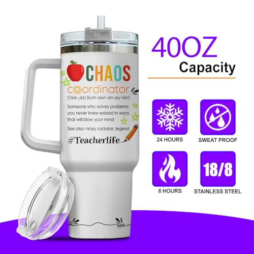 9SUNFLOWER Life Chaos Coordinator Teacher Nutrition Facts Insulated Cup, 40 Oz Tumbler With Handle, Lid and Straw