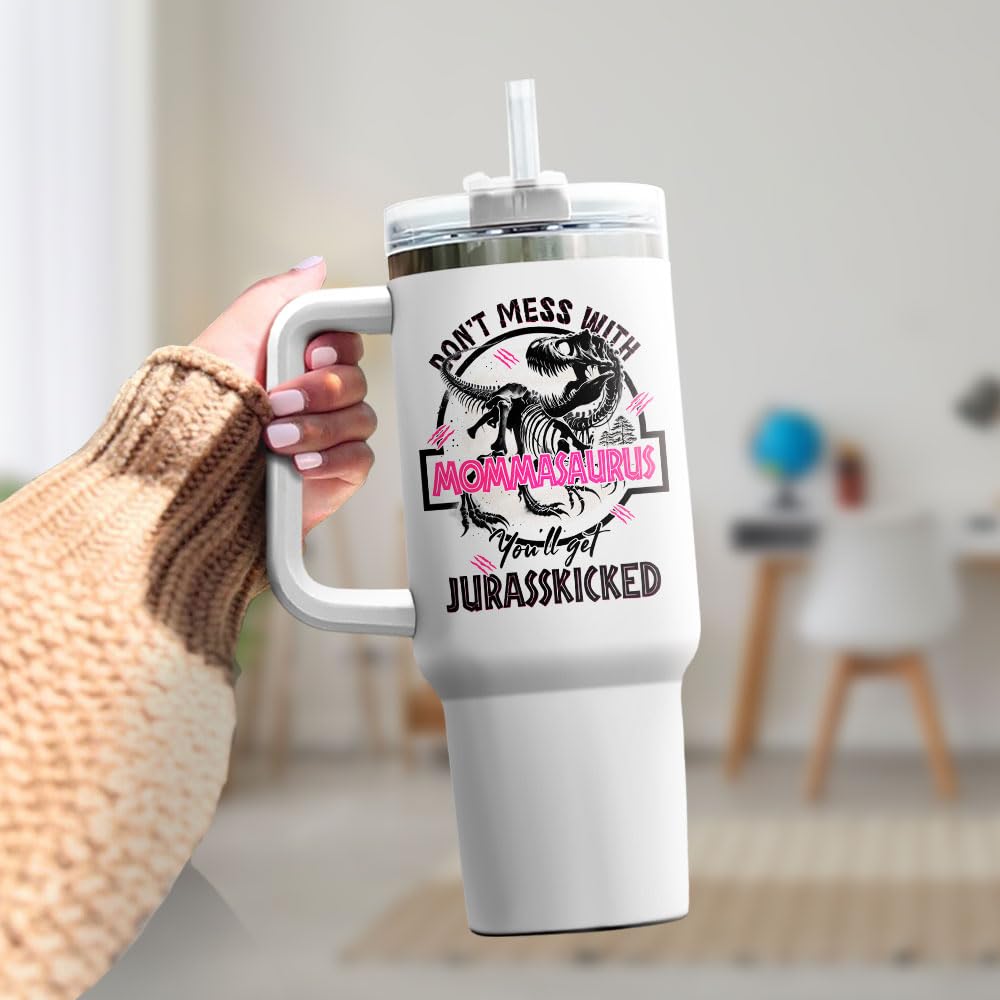 9GIFT4YOU Mommasaurus Gifts, Mom, Tumbler 40 Oz With Handle Lid And Straw, Mom Nutrition Facts Keep Drinks Cold Hot Dinosaur Leak Resistant Water Bottle, Mommasaurus Nutrition Facts