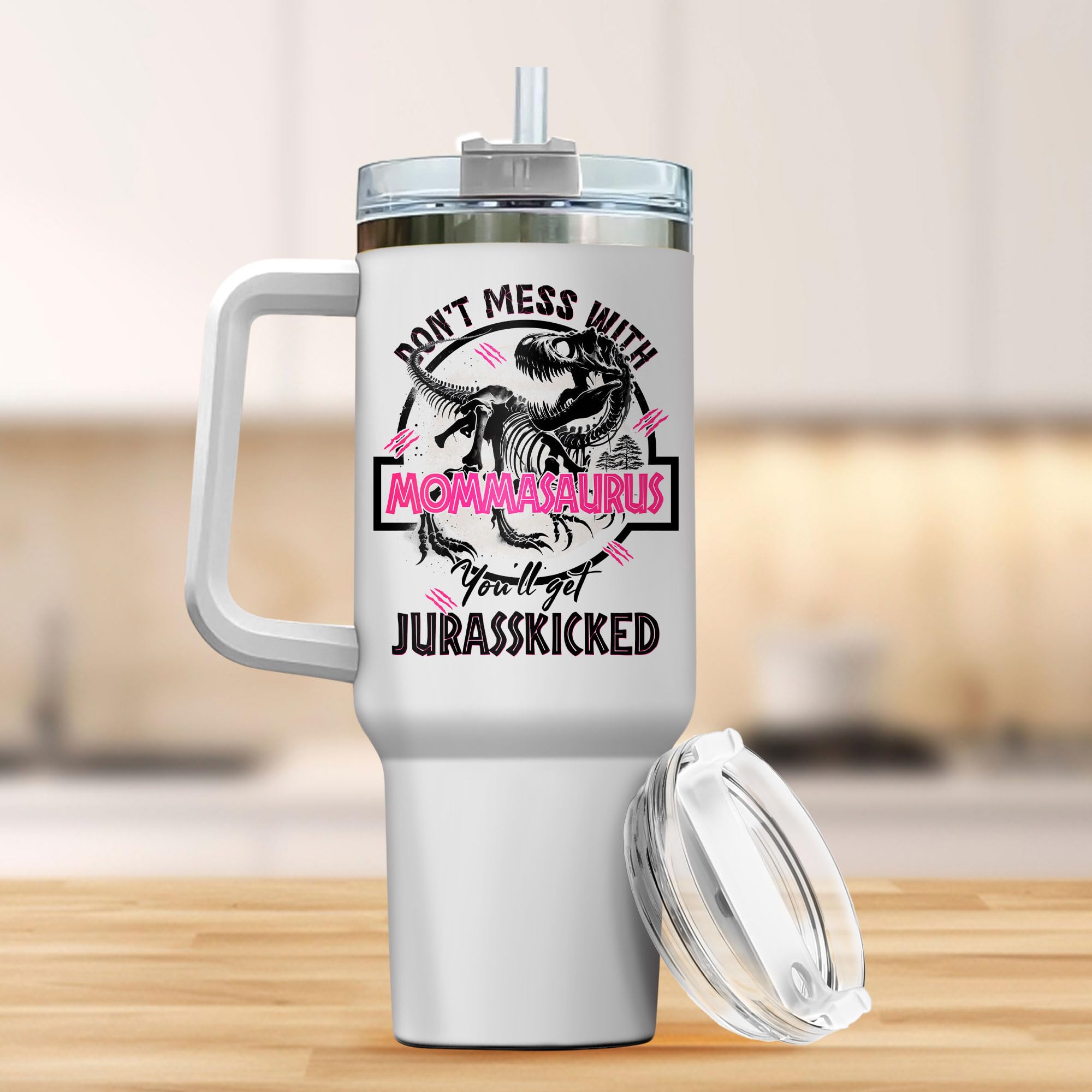 9GIFT4YOU Mommasaurus Gifts, Mom, Tumbler 40 Oz With Handle Lid And Straw, Mom Nutrition Facts Keep Drinks Cold Hot Dinosaur Leak Resistant Water Bottle, Mommasaurus Nutrition Facts