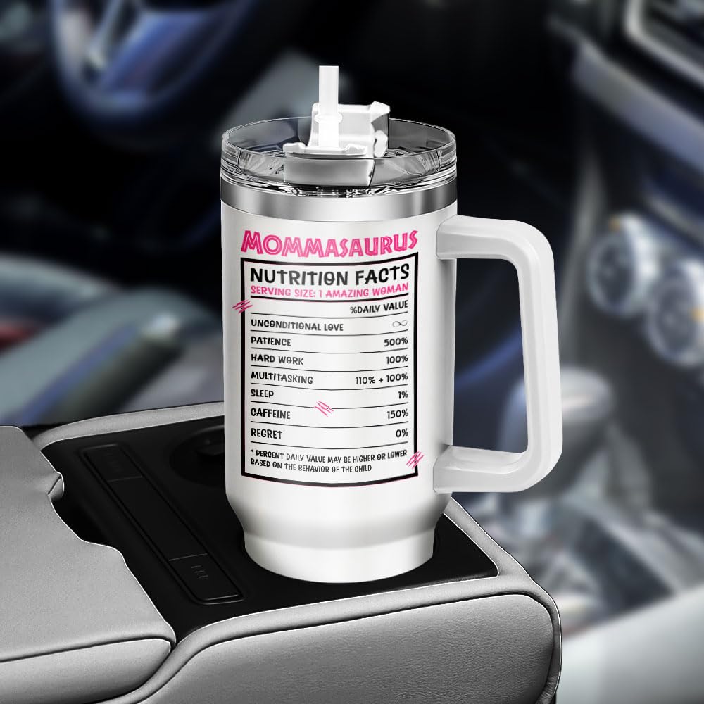 9GIFT4YOU Mommasaurus Gifts, Mom, Tumbler 40 Oz With Handle Lid And Straw, Mom Nutrition Facts Keep Drinks Cold Hot Dinosaur Leak Resistant Water Bottle, Mommasaurus Nutrition Facts