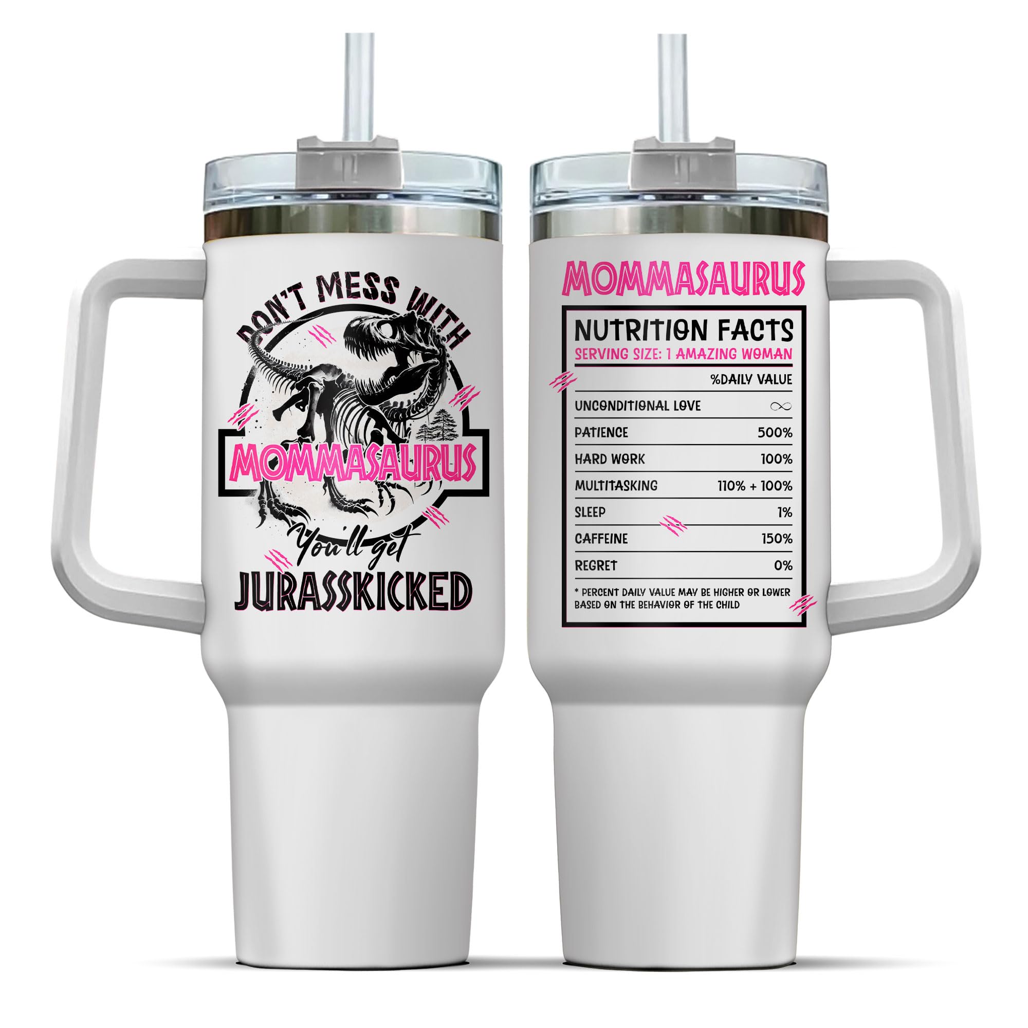 9GIFT4YOU Mommasaurus Gifts, Mom, Tumbler 40 Oz With Handle Lid And Straw, Mom Nutrition Facts Keep Drinks Cold Hot Dinosaur Leak Resistant Water Bottle, Mommasaurus Nutrition Facts
