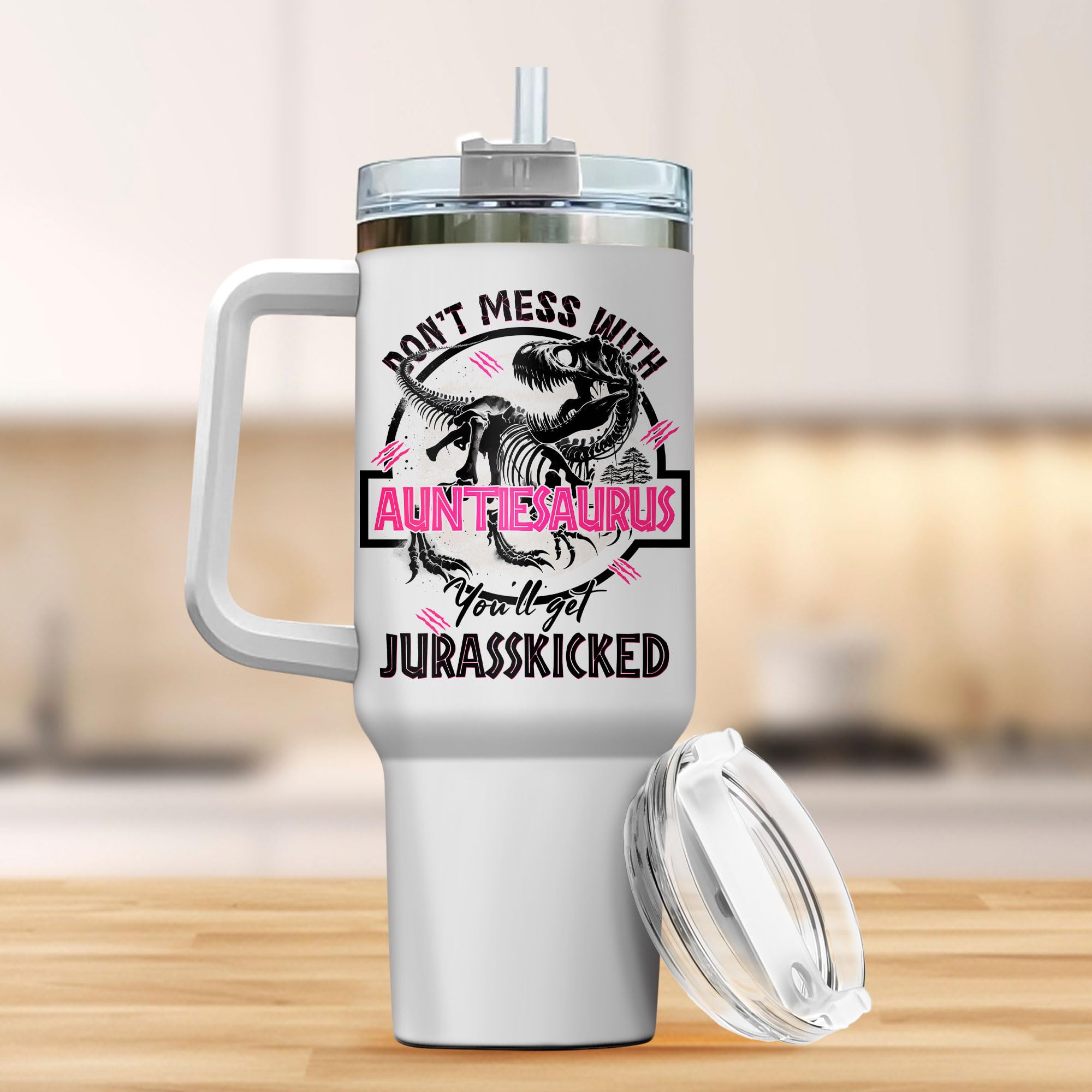 UNILYLY Auntiesaurus Nutrition Facts, Aunt Auntie Coffee Handle For Cups Gift, Dinosaur Insulated Cup Aunt Double Wall, Tumbler 40 Oz With Handle Lid And Straw, Auntiesaurus Gifts