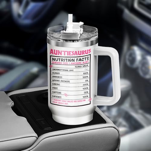 UNILYLY Auntiesaurus Nutrition Facts, Aunt Auntie Coffee Handle For Cups Gift, Dinosaur Insulated Cup Aunt Double Wall, Tumbler 40 Oz With Handle Lid And Straw, Auntiesaurus Gifts