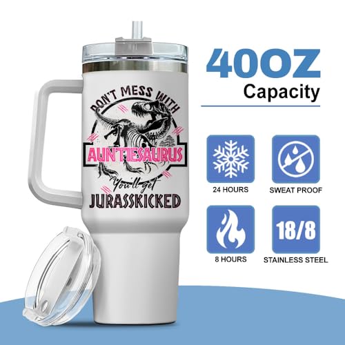 UNILYLY Auntiesaurus Nutrition Facts, Aunt Auntie Coffee Handle For Cups Gift, Dinosaur Insulated Cup Aunt Double Wall, Tumbler 40 Oz With Handle Lid And Straw, Auntiesaurus Gifts