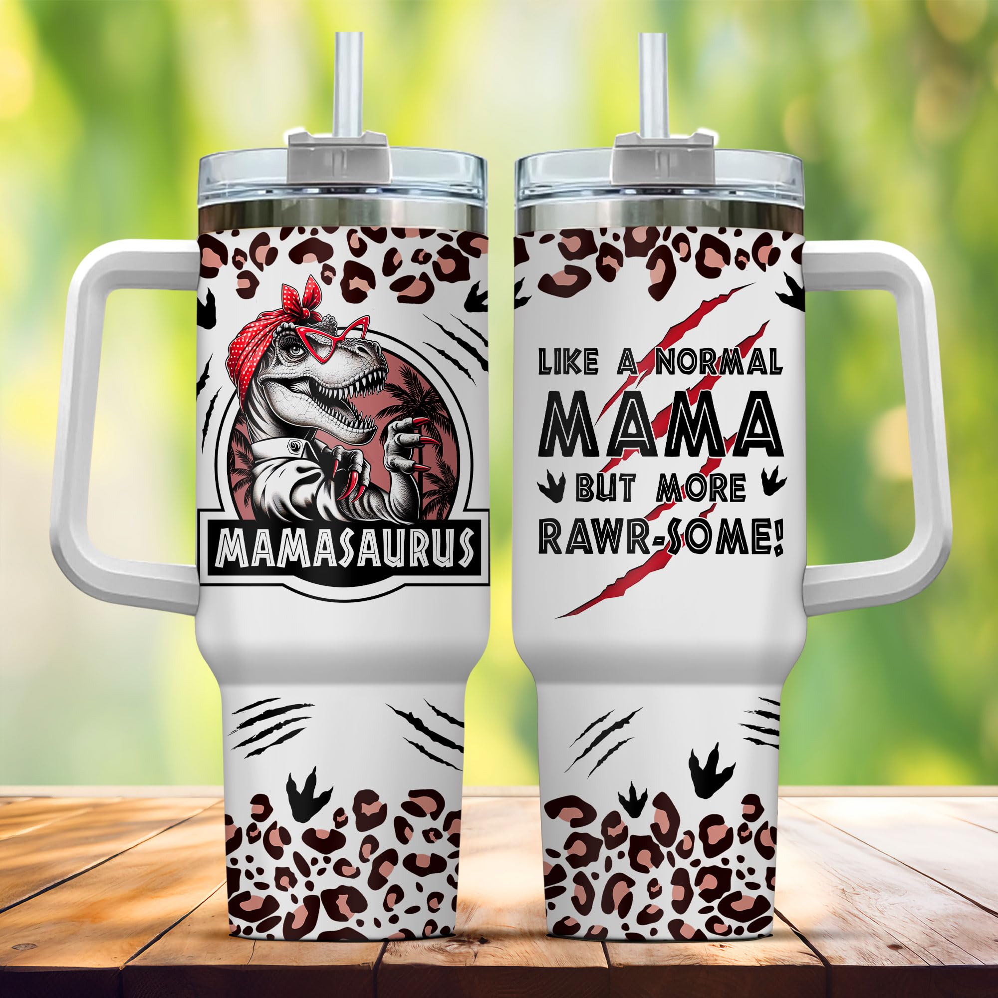 UNILYLY Tumbler 40 Oz With Handle Lid And Straw, Mamasaurus Leopard, Black Print, Mamasaurus Gifts, Keep Drinks Cold Hot, Leopard Print