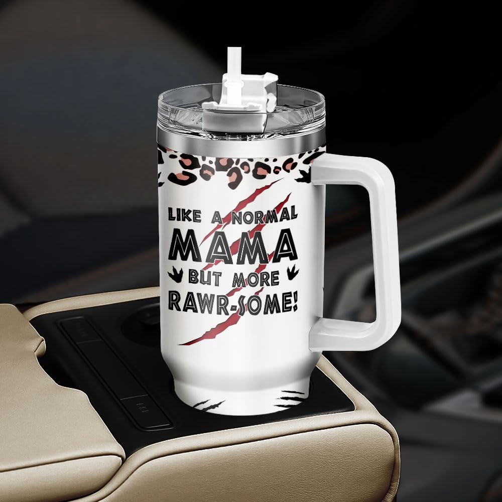 UNILYLY Tumbler 40 Oz With Handle Lid And Straw, Mamasaurus Leopard, Black Print, Mamasaurus Gifts, Keep Drinks Cold Hot, Leopard Print
