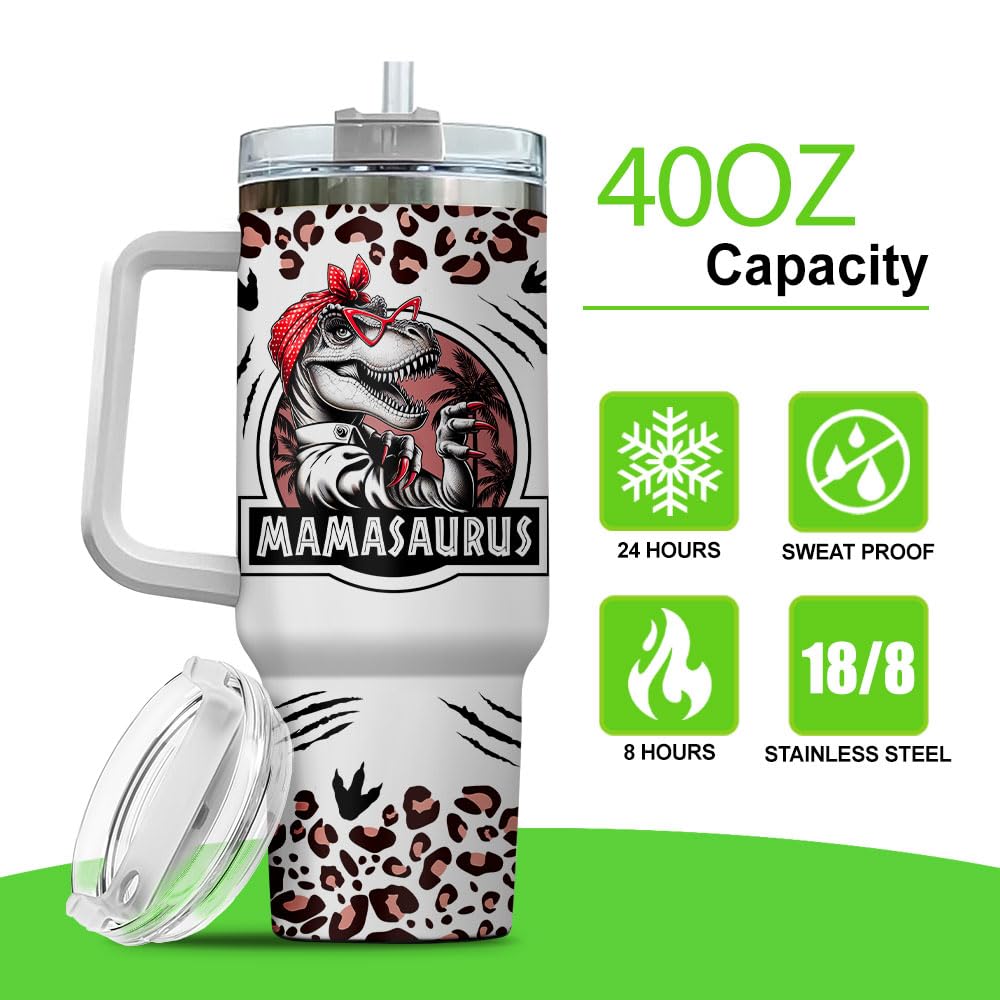 UNILYLY Tumbler 40 Oz With Handle Lid And Straw, Mamasaurus Leopard, Black Print, Mamasaurus Gifts, Keep Drinks Cold Hot, Leopard Print