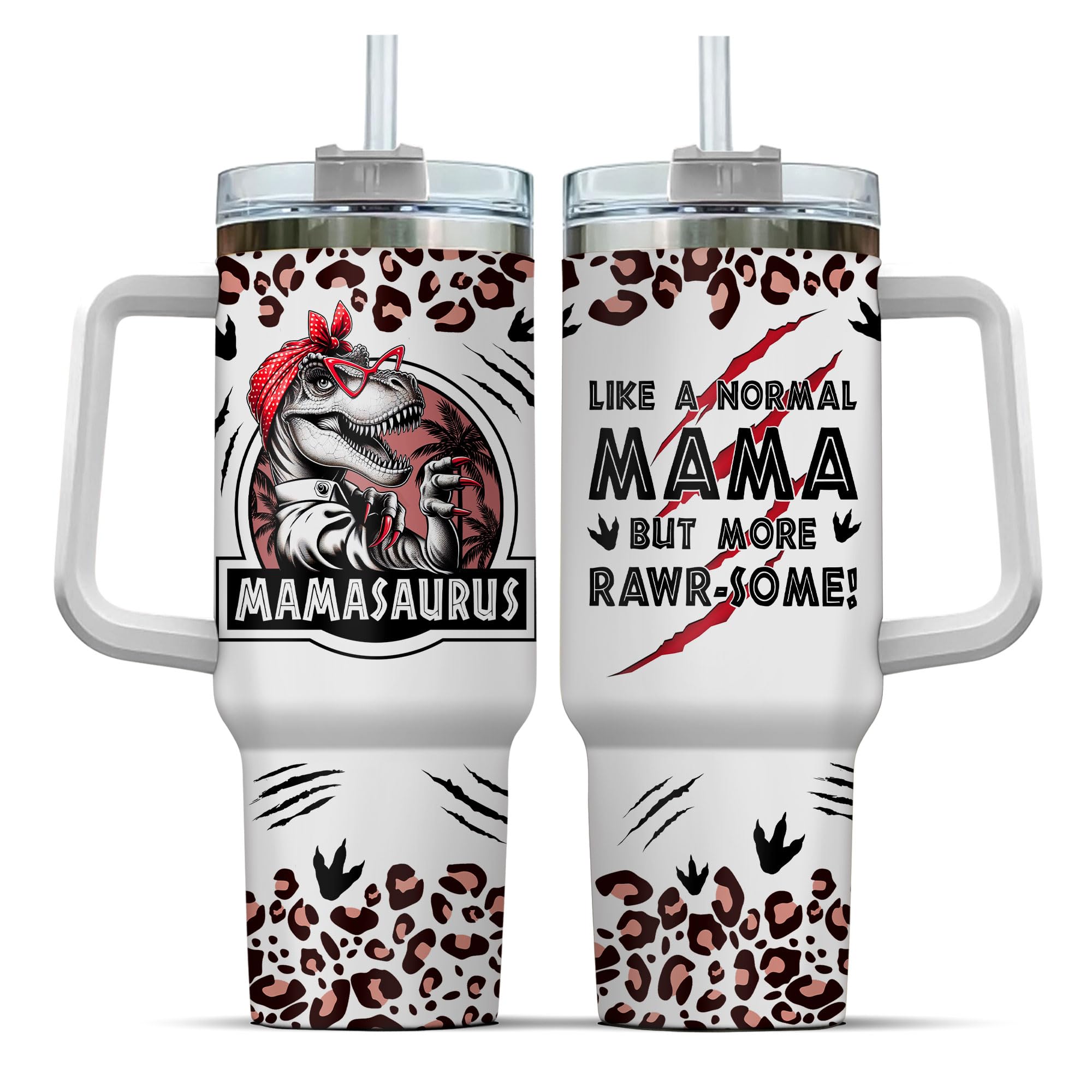UNILYLY Tumbler 40 Oz With Handle Lid And Straw, Mamasaurus Leopard, Black Print, Mamasaurus Gifts, Keep Drinks Cold Hot, Leopard Print