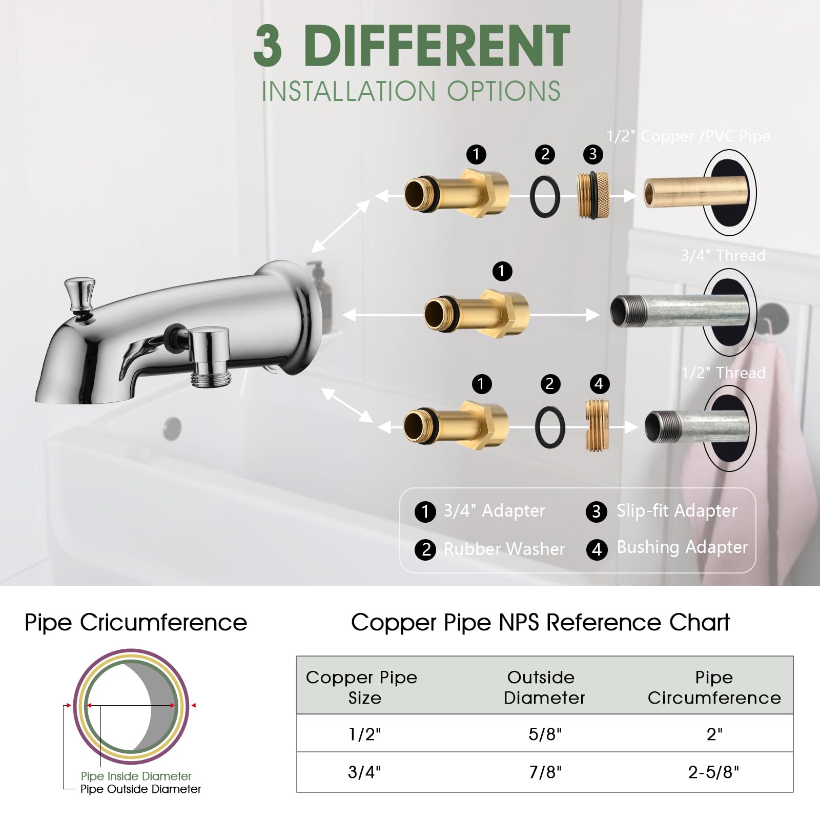 RAINREVIVE All Metal Tub Spout with Diverter for Hand Held Shower, Fits for Threaded 1/2" or 3/4" IPS, Bathtub Faucet with Shower Diverter Universal Tub Diverter Spout, Chrome