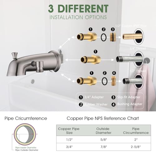 RAINREVIVE All Metal Tub Spout with Diverter for Hand Held Shower, Fits for Threaded 1/2" or 3/4" IPS, Bathtub Faucet with Shower Diverter Universal Tub Diverter Spout, Brushed Nickel