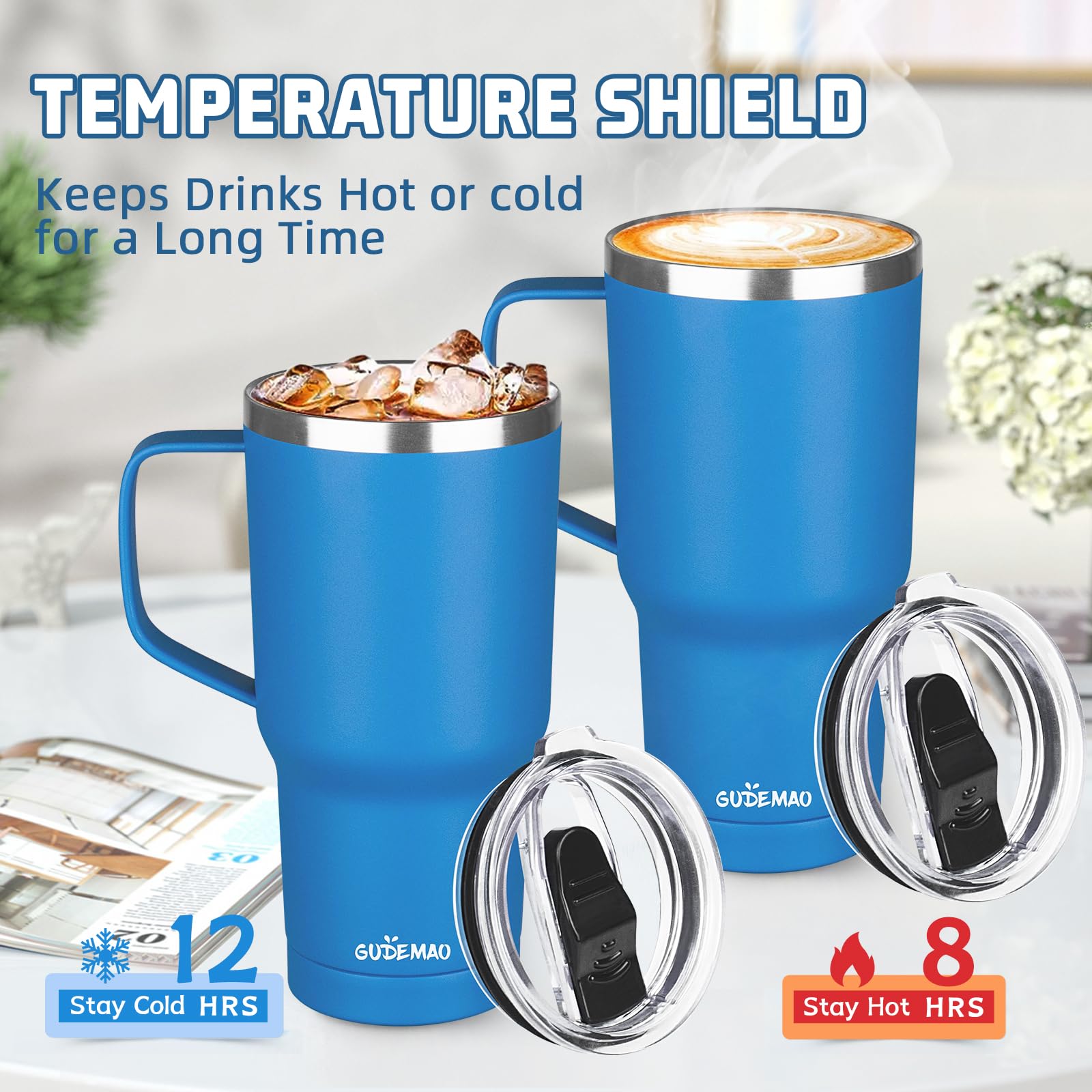 20 oz Insulated Coffee Mug with Ceramic Coating, Stainless Steel Travel Mug Tumbler with Handle Lid and Straw, Double Wall Leak-Proof Thermos Coffee Travel Mug Keeps Drink Hot and Cold (Blue)