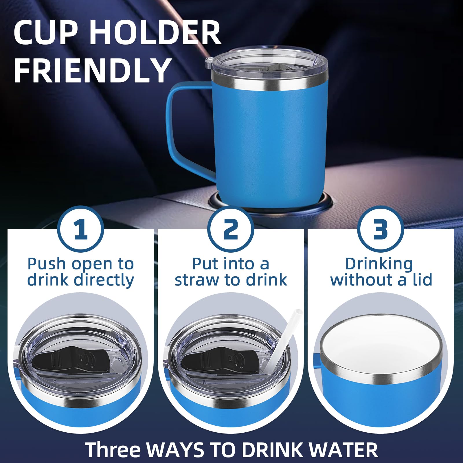 20 oz Insulated Coffee Mug with Ceramic Coating, Stainless Steel Travel Mug Tumbler with Handle Lid and Straw, Double Wall Leak-Proof Thermos Coffee Travel Mug Keeps Drink Hot and Cold (Blue)