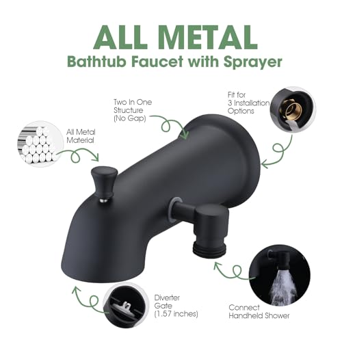 RAINREVIVE All Metal Tub Spout with Diverter for Hand Held Shower, Fits for Threaded 1/2" or 3/4" IPS, Bathtub Faucet with Shower Diverter Universal Tub Diverter Spout, Matte Black