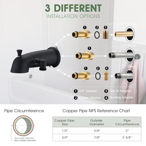 RAINREVIVE All Metal Tub Spout with Diverter for Hand Held Shower, Fits for Threaded 1/2" or 3/4" IPS, Bathtub Faucet with Shower Diverter Universal Tub Diverter Spout, Matte Black