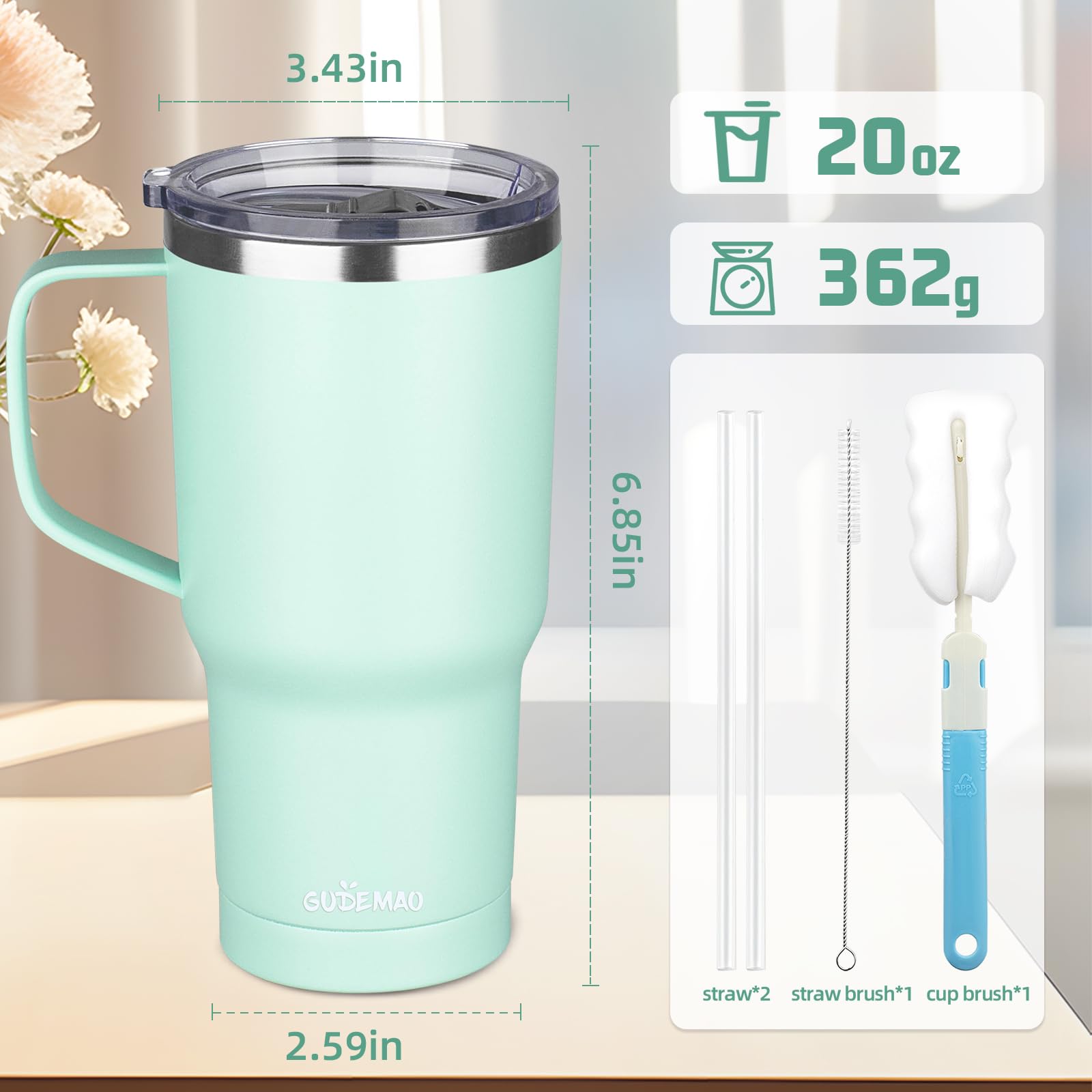 20 oz Insulated Coffee Mug with Ceramic Coating, Stainless Steel Travel Mug Tumbler with Handle Lid and Straw, Double Wall Leak-Proof Thermos Coffee Travel Mug Keeps Drink Hot and Cold (Green)