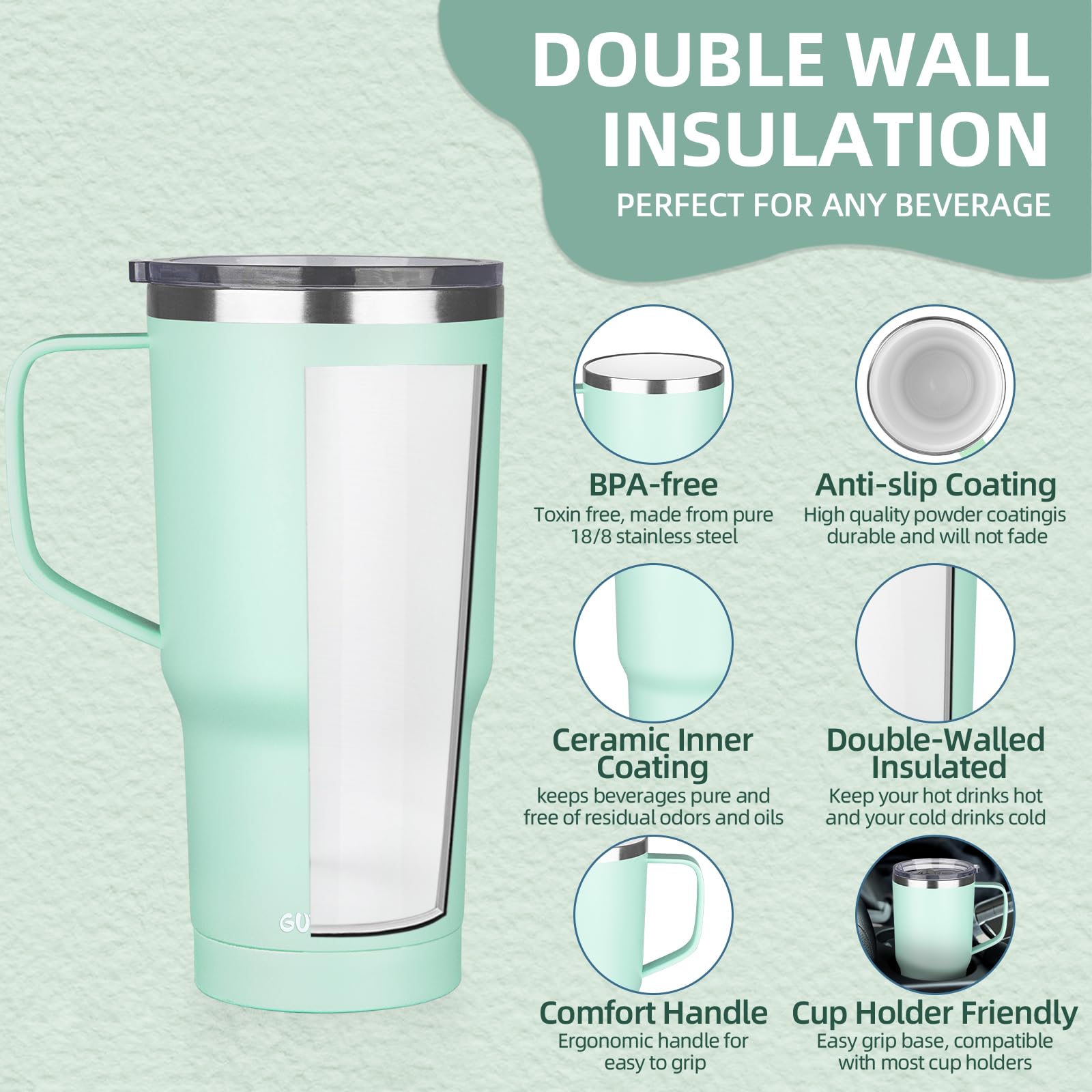 20 oz Insulated Coffee Mug with Ceramic Coating, Stainless Steel Travel Mug Tumbler with Handle Lid and Straw, Double Wall Leak-Proof Thermos Coffee Travel Mug Keeps Drink Hot and Cold (Green)