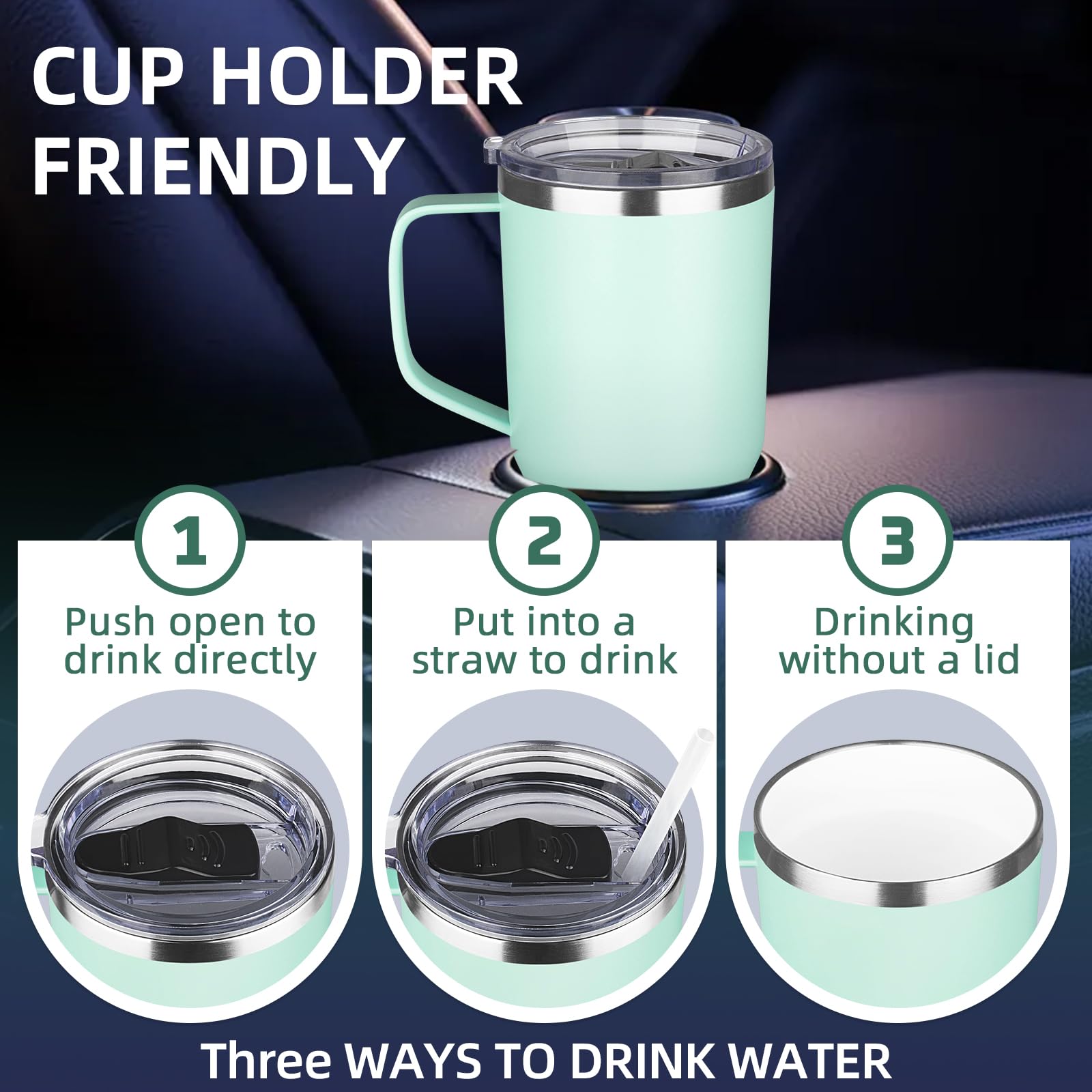 20 oz Insulated Coffee Mug with Ceramic Coating, Stainless Steel Travel Mug Tumbler with Handle Lid and Straw, Double Wall Leak-Proof Thermos Coffee Travel Mug Keeps Drink Hot and Cold (Green)
