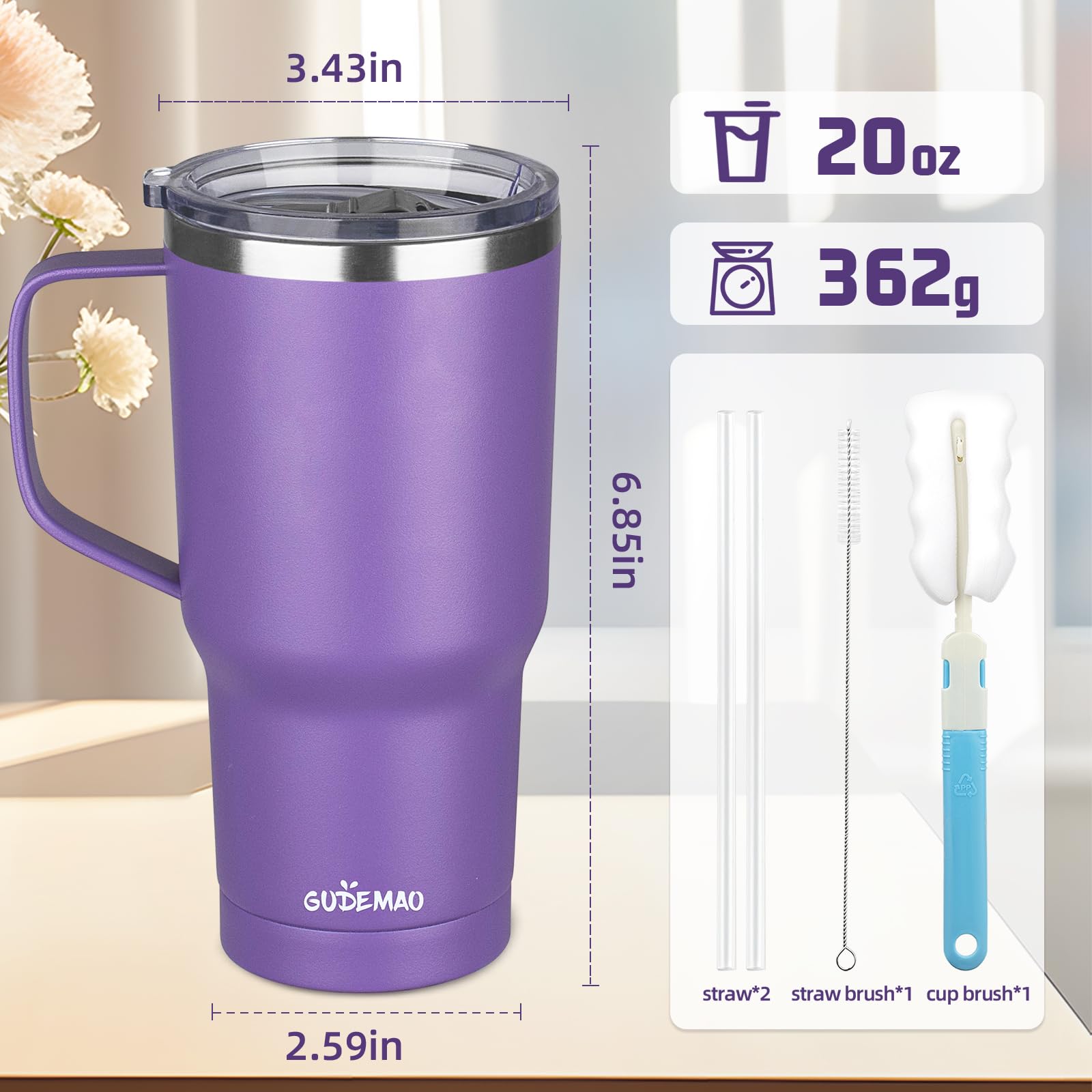 20 oz Insulated Coffee Mug with Ceramic Coating, Stainless Steel Travel Mug Tumbler with Handle Lid and Straw, Double Wall Leak-Proof Thermos Coffee Travel Mug Keeps Drink Hot and Cold (Purple)